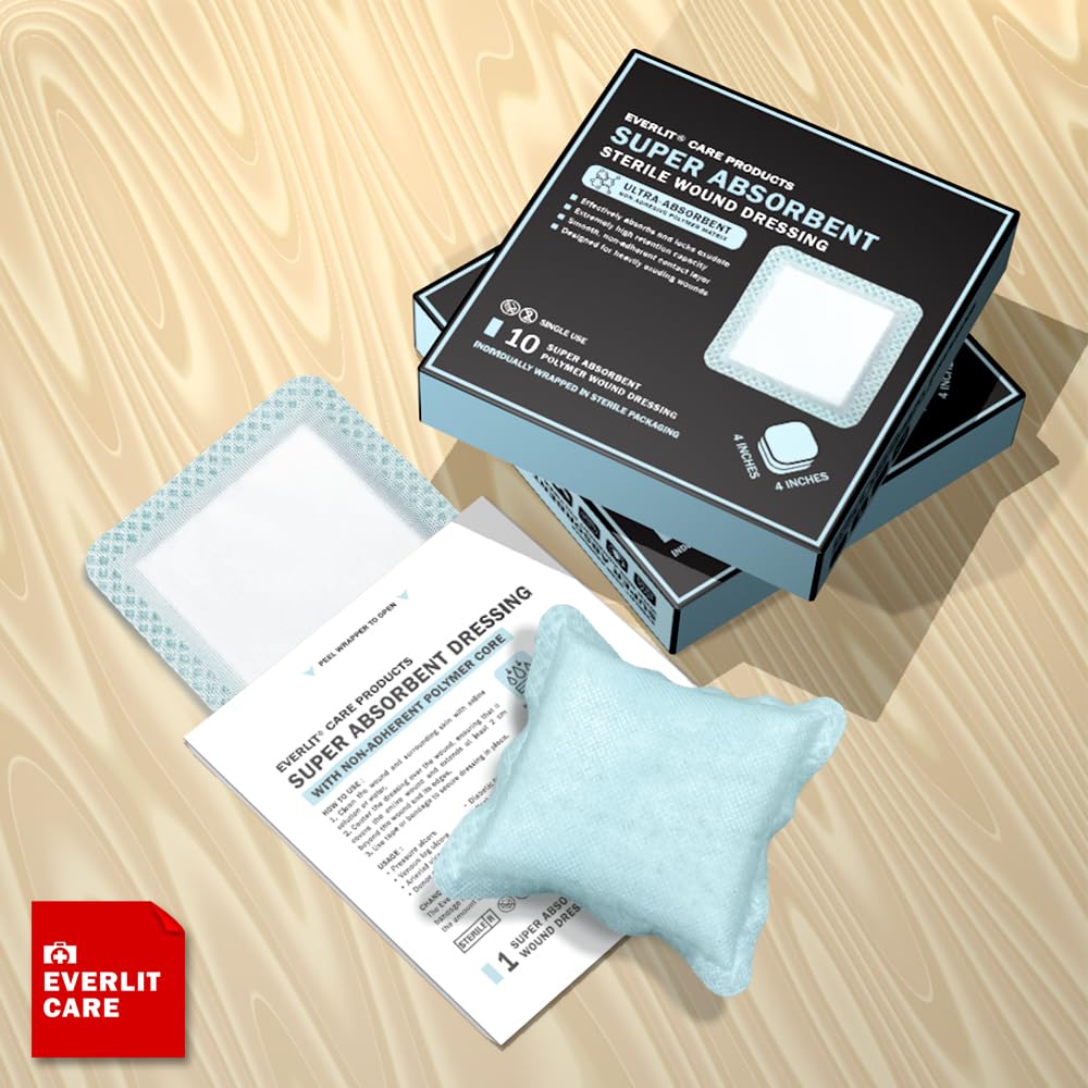 EVERLIT Super Absorbent Dressing for Wound Care | Nonstick Soft Surgical Gauze Pad for Heavily Exuding Wounds | Large Sterile Non-adhesive Bandage for Fast Healing Wound Care | Pack of 10 (4" x 4")