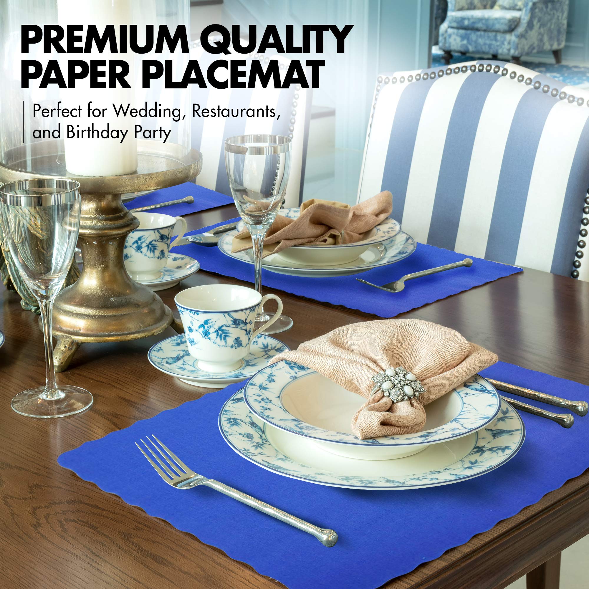 Fit Meal Prep 200 Pack Disposable Paper Placemats, 14 x 10 Inch Blue with Decorative Wavy Scalloped Edge for Restaurant Catering Dining Table, Baby Kids Birthday Parties
