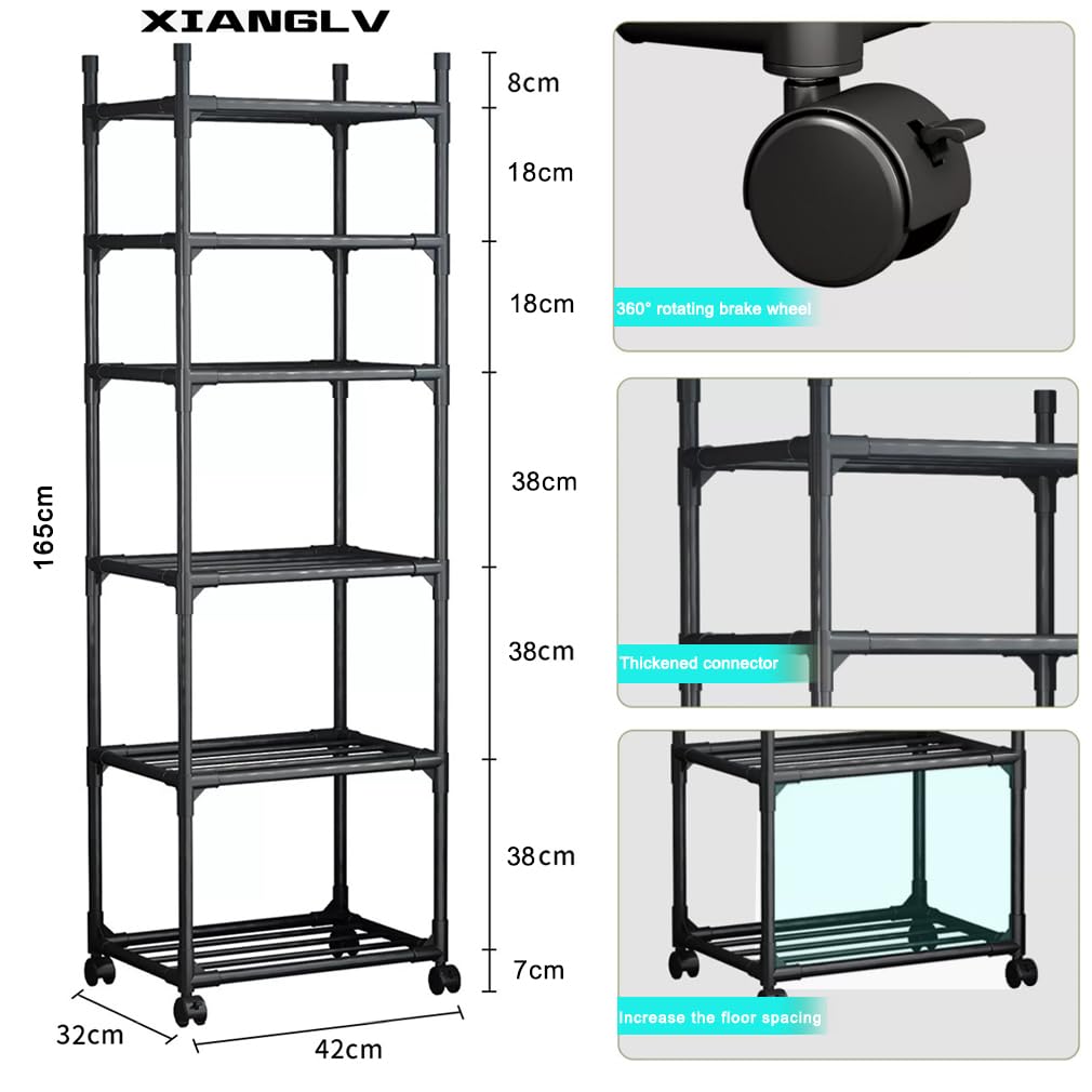 MOTTLED SKY Black Shelving Unit, 42 x 32 x 165 cm, 6 Tier Tall Narrow Shelving Unit with Wheels and Anti-Slip Feet, Adjustable Shelving & Storage Rack for Garage, Bathroom, Kitchen, Corner