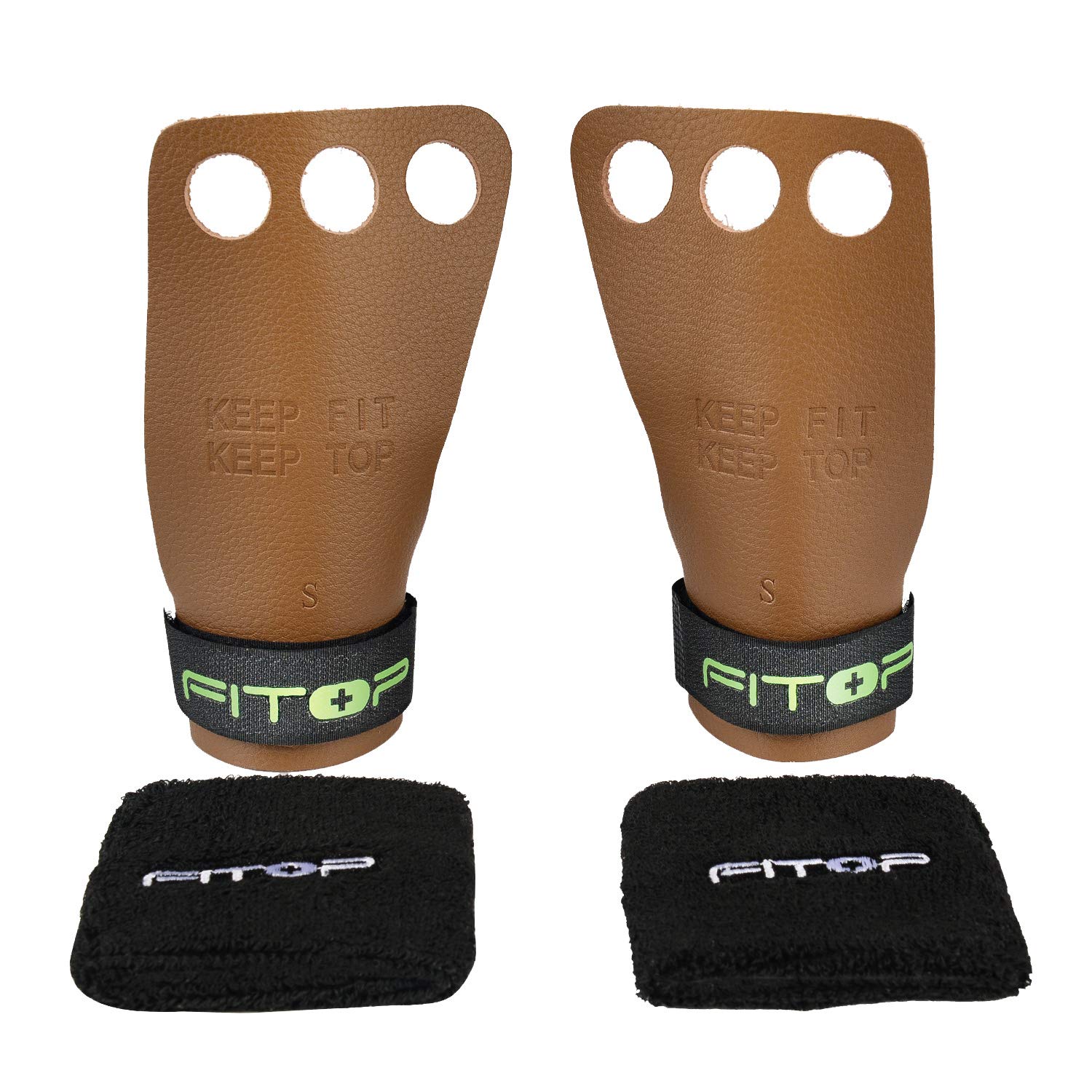 FITOP Gymnastics Grips 3 Hole Leather Bar Grip, Perfect for Pull Ups, WODs, Weight Lifting and Cross Training, Palm Protection and Wrist Straps Support