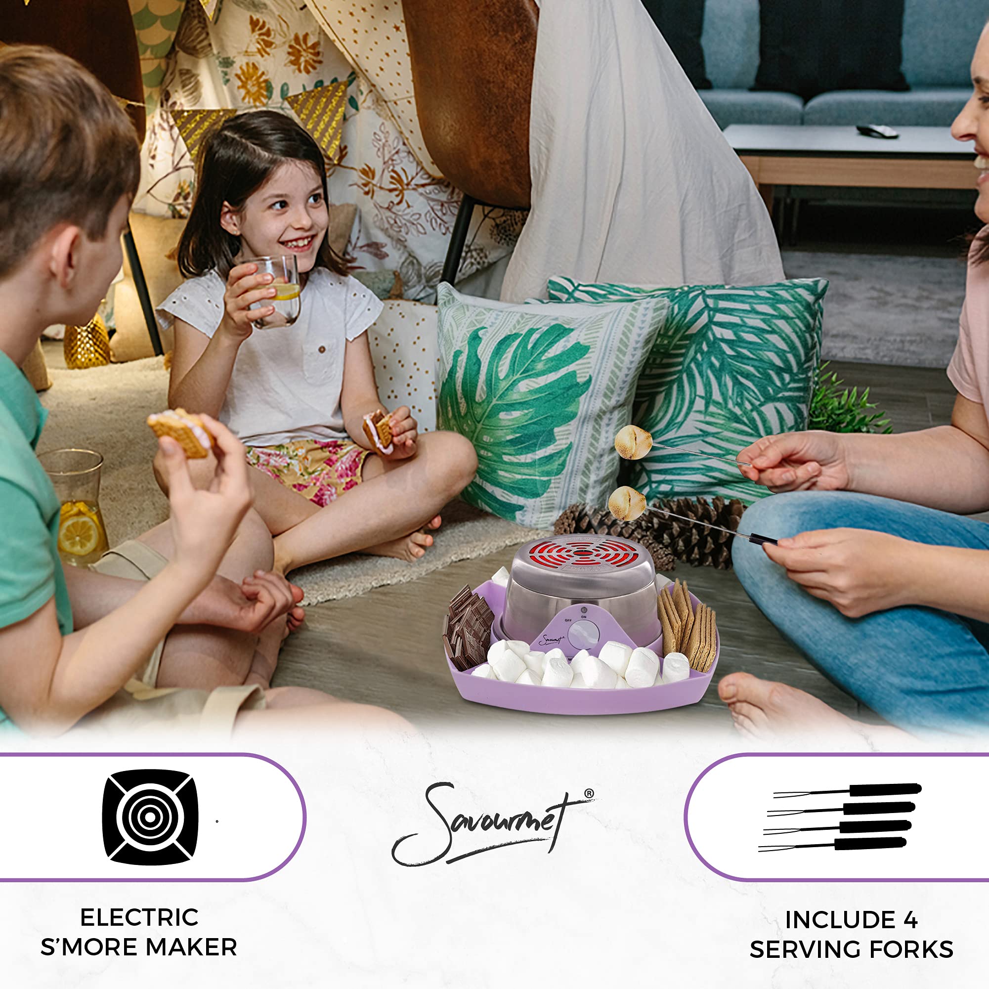 Flame less Smores Maker, Electric Stainless Steel Smores Maker Tabletop Indoor with 4 Roasting Forks and 4 Compartment Trays for Chocolate, Marshmallows and Graham Crackers