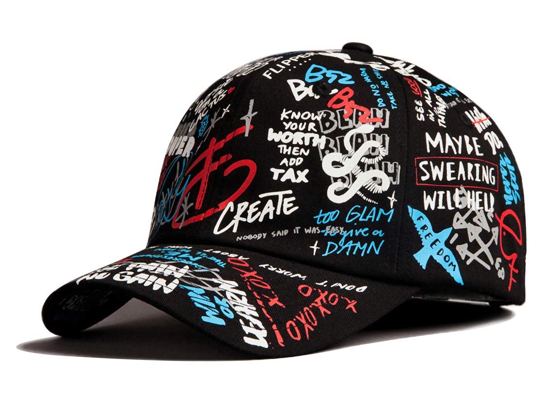 Flipper Designer Graffiti Doodle Cotton Baseball Cap for Men Women, Kpop Hat w/Curve Brim (White/Black, Free Size)