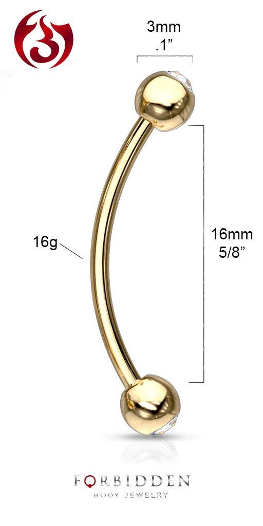 Forbidden Body Jewelry 16mm Surgical Steel Curved Barbell w/Gemmed Ends for Snake Eyes Tongue Piercing, Clear (Gold Tone)