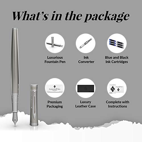 Wordsworth & Black Fountain Pen Set, Medium Nib, Includes 24 Ink Cartridges and Ink Refill Converter, Gift Case, Journaling, Calligraphy, Smooth Writing Pens [Silver Chrome] Perfect for Men and Women