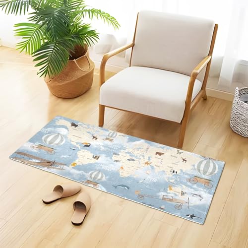 Fluffy Floor Carpet-Animals World Map Travel Theme,39x20in Front Door Mat Indoor Machine Washable Carpet,Aesthetic Rug