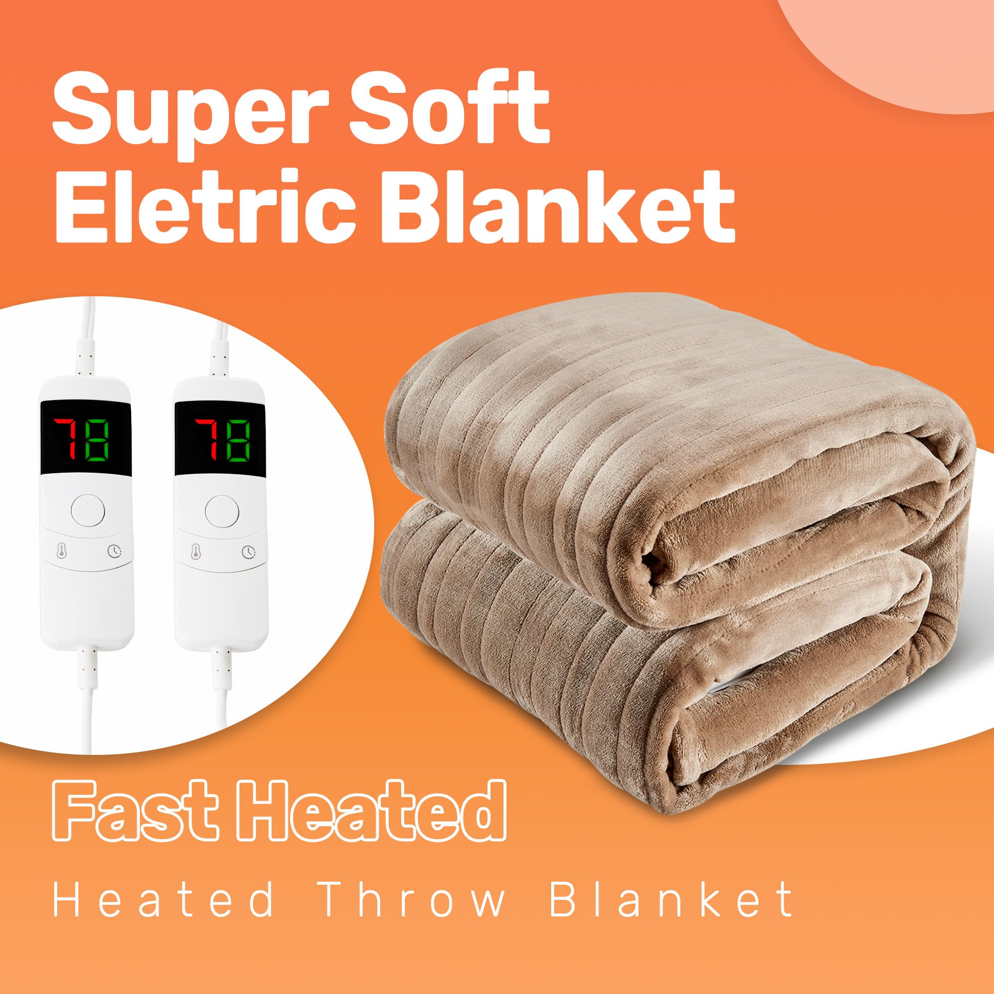 Flannel Electric Blanket King Size with Double 10 Heating Setting Controllers Fast Heating Heated Blanket Throw for Bed Couch, 1/2/4/6/8H Selectable Auto Shut Off Settings, 100"x90", Grey