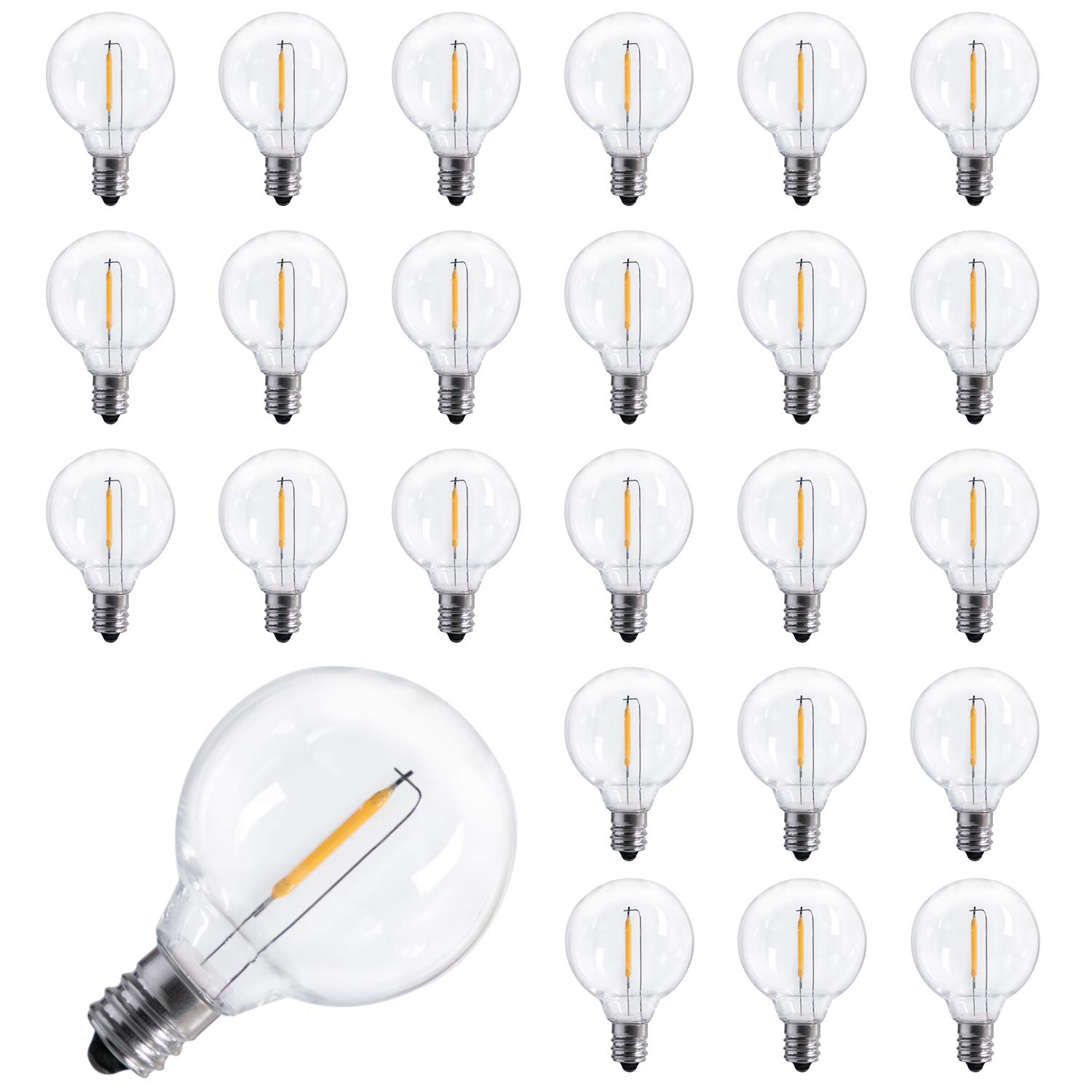 G40 Low Voltage Replacement Light Bulbs, 3V 1W Shatterproof Clear Globe bulb fits E12 C7 Candelabra Screw Base Sockets, 1.5 Inch Dimmable Light Bulbs for G40 Solar String Lights, Pack of 25
