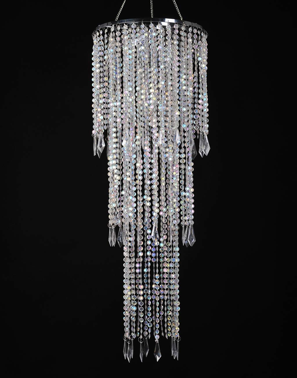 FlavorThings Sparkling Iridescent Acrylic Beaded Hanging Chandelier (W10.25"H30”),3 Tiers Beads Pendant Shade, Ceiling Chandelier Lampshade with Acrylic Jewel Droplets, Beaded Lampshade