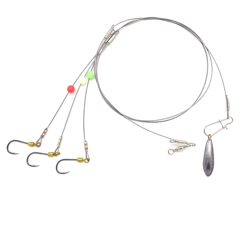 Fishing Hook Rigs with Sinker 49 Strands Steel Leaders-Saltwater Surf Fishing Tackle Kit Heavy Duty Hooks,7 * 7 Strands Steel Wire with Nylon-Coating (8#, 3 Hooks Rig with Sinker)