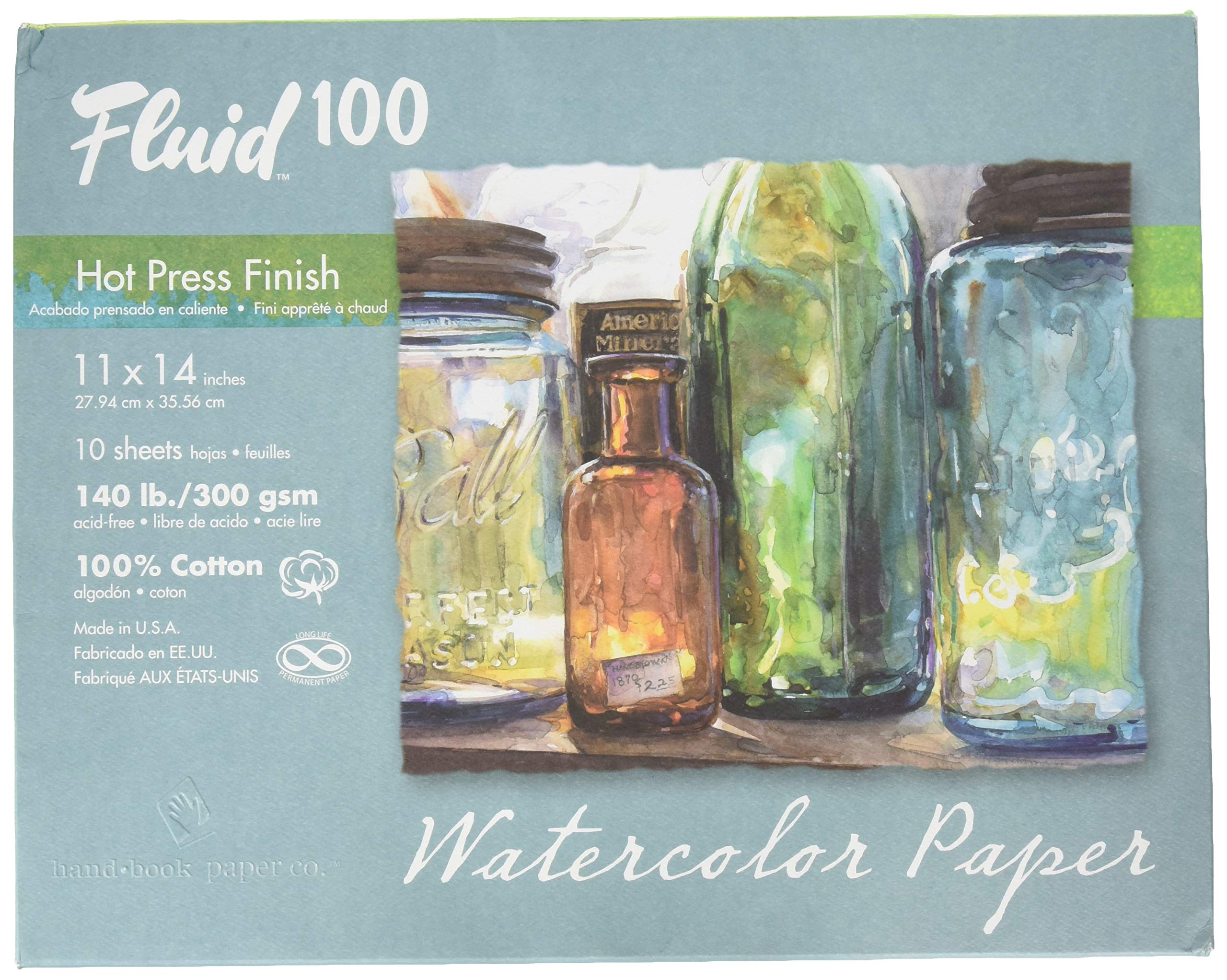 Fluid 100 Artist Watercolor Paper, 140 lb (300 GSM) 100% Cotton Hot Press for Watercolor Painting and Wet Media, 11 x 14 Pochette, 8 Sheets