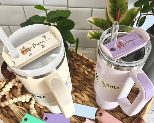 Personalized Birth Flower Tumbler Topper, 40 30 64 oz Personalized Tumbler Topper Tumbler Cup Accessory Name Plate
