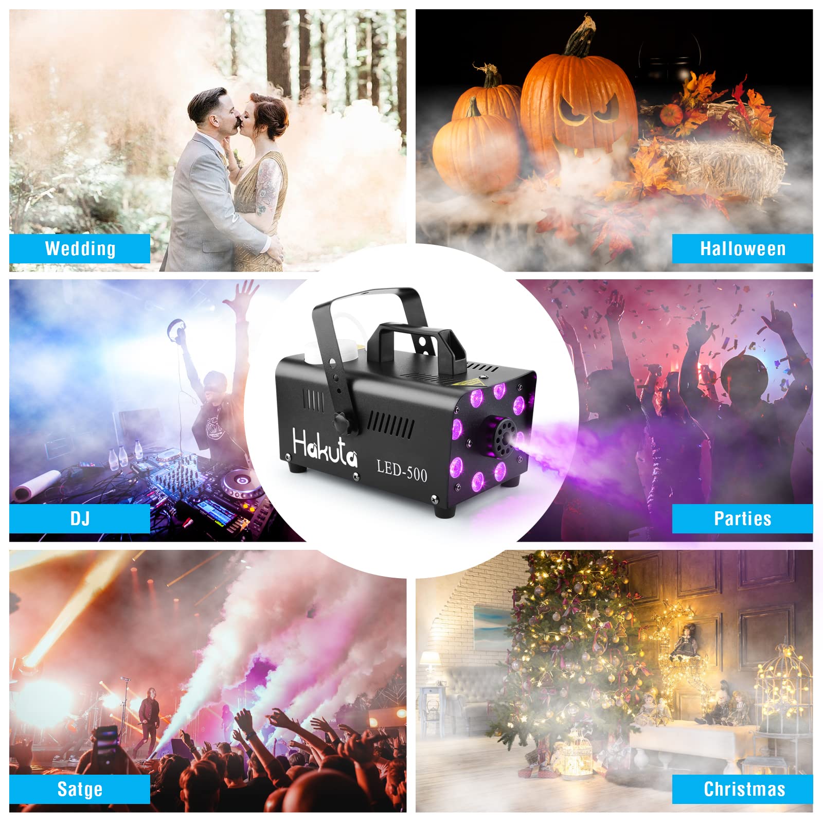 Fog Machine, HAKUTA Automatic Spray Smoke Machine with 8 LED Lights and 13 Colorful LED Lighting Effects, 500W and 2000CFM Fog LED Fog Machine, Perfect for Wedding, Christmas, Halloween, Performance