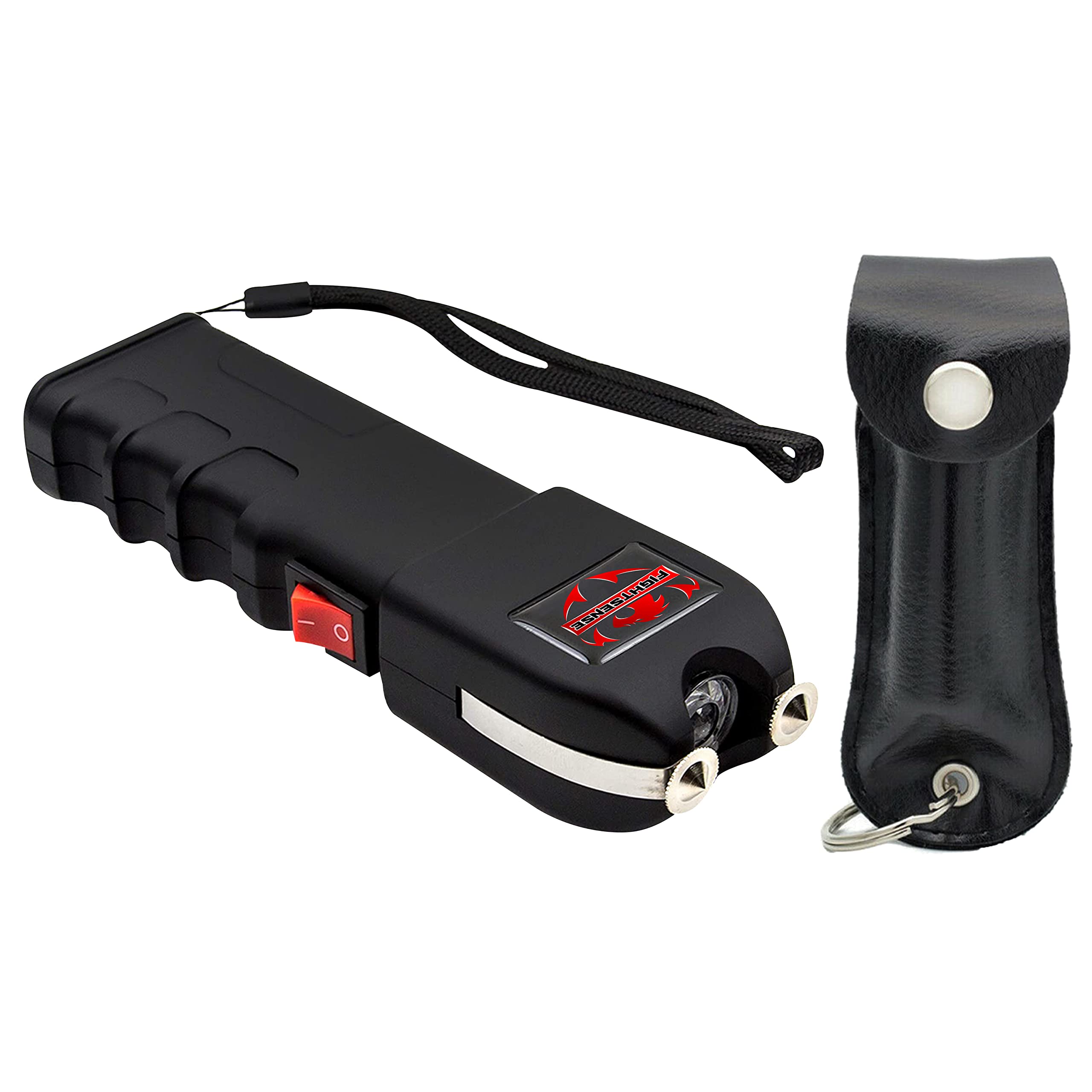 FIGHTSENSE Self-Defense Kit W/Pepper Spray & Heavy Duty Stun Gun for Men & Women,1.60 µC Intolerable Charge,LED Flashlight,Safety Switch,Keychain Leather Pouch & Nylon Belt Holster (Black Combo)