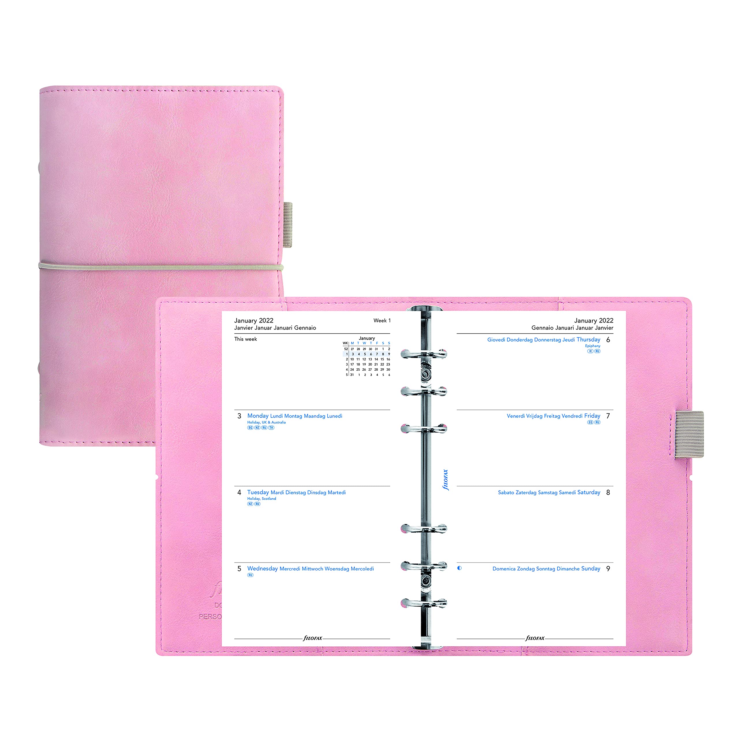 Filofax Domino Soft Organizer, Personal Size, Pale Pink - Leather-Look, Soft Tactile Cover, Six Rings, Week-to-View Calendar Diary, Multilingual, 2022 (C022577-22)
