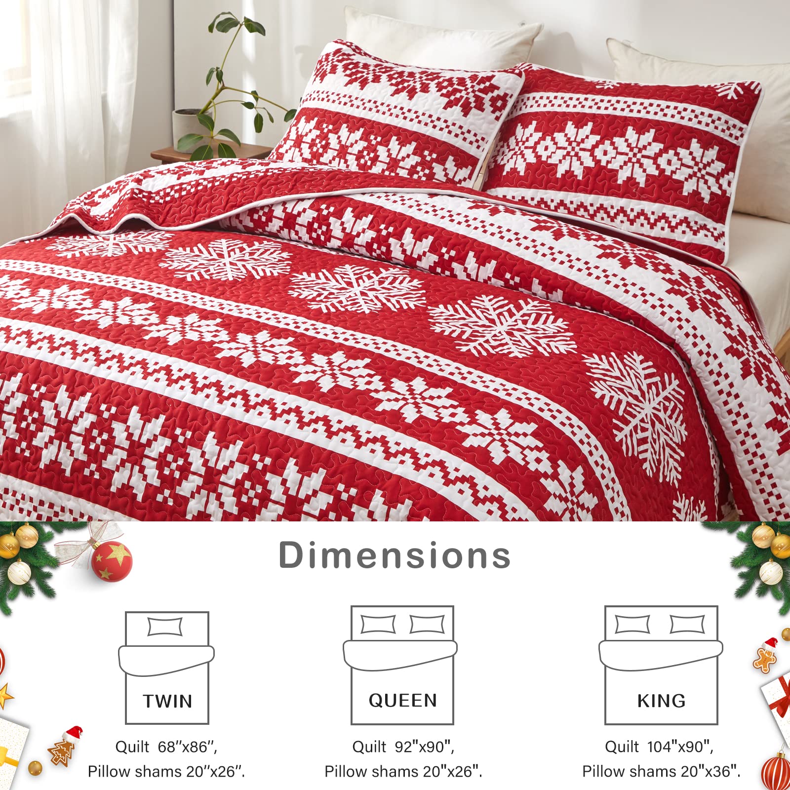 Flysheep Christmas Quilt Set Queen, Soft Microfiber Holiday Lightweight Bedspread Coverlet Bedding Set - Red & White Snowflake Printed