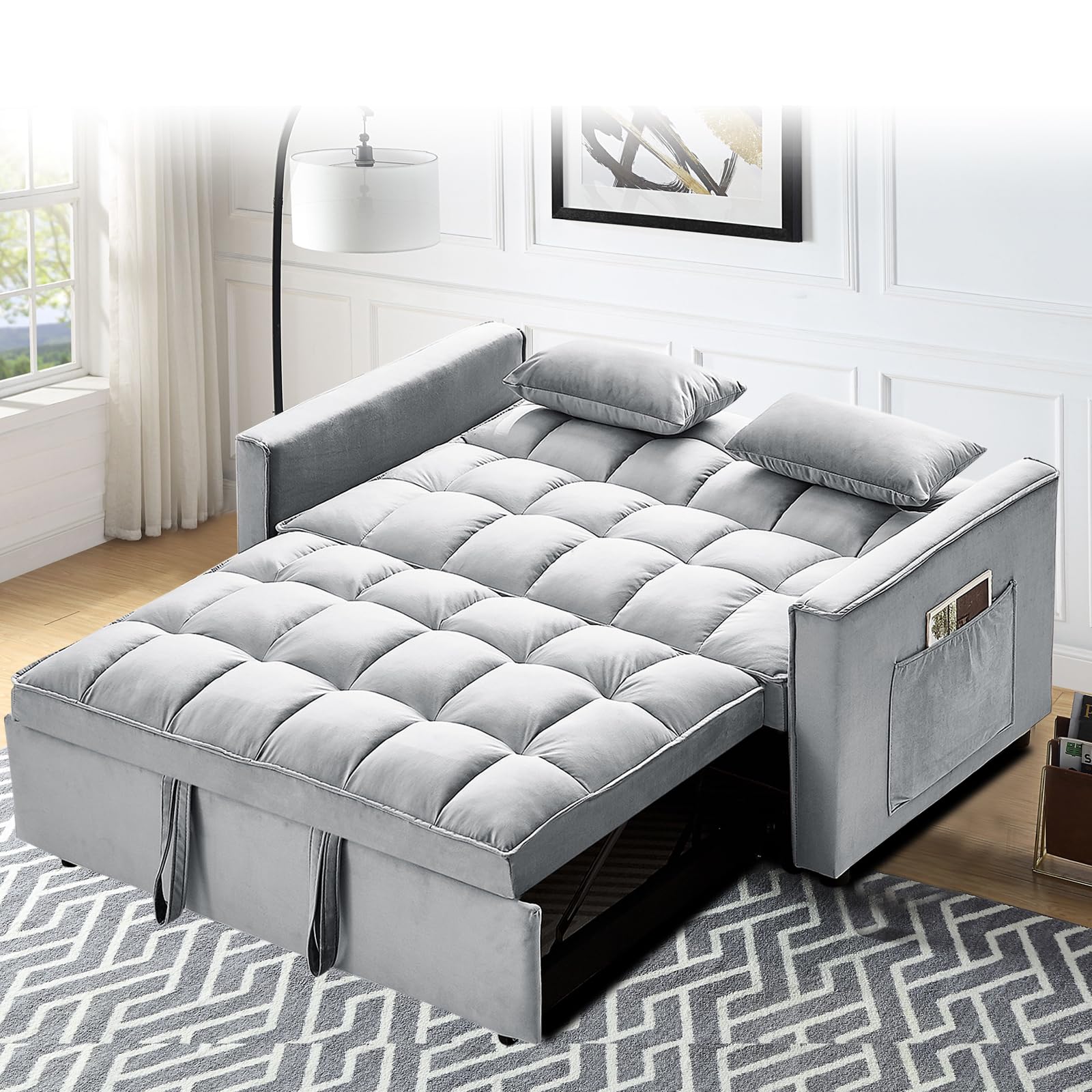 Sleeper Sofa, 3-in-1 Pull Out Couch Bed with Storage Pockets, Convertible Sofa Bed Couch with Chaise for Living Room, 3-Seater Sofa Sleeper with Pull Out Sofa Bed, Modern Loveseat Reclining Sofa Bed