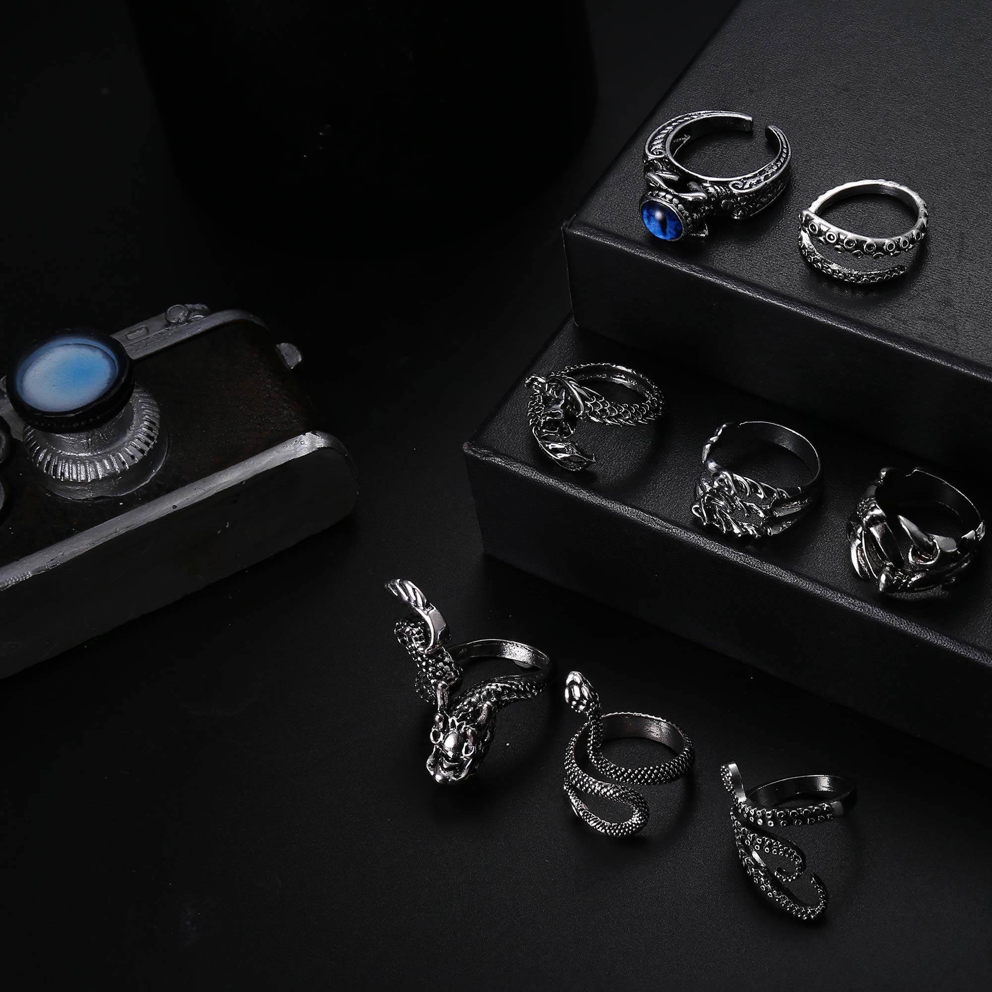 FIBO STEEL 12 Pcs Vintage Punk Rings Octopus Dragon Snake Ring for Men Women Adjustable Cool Gothic Ring Set Jewelry