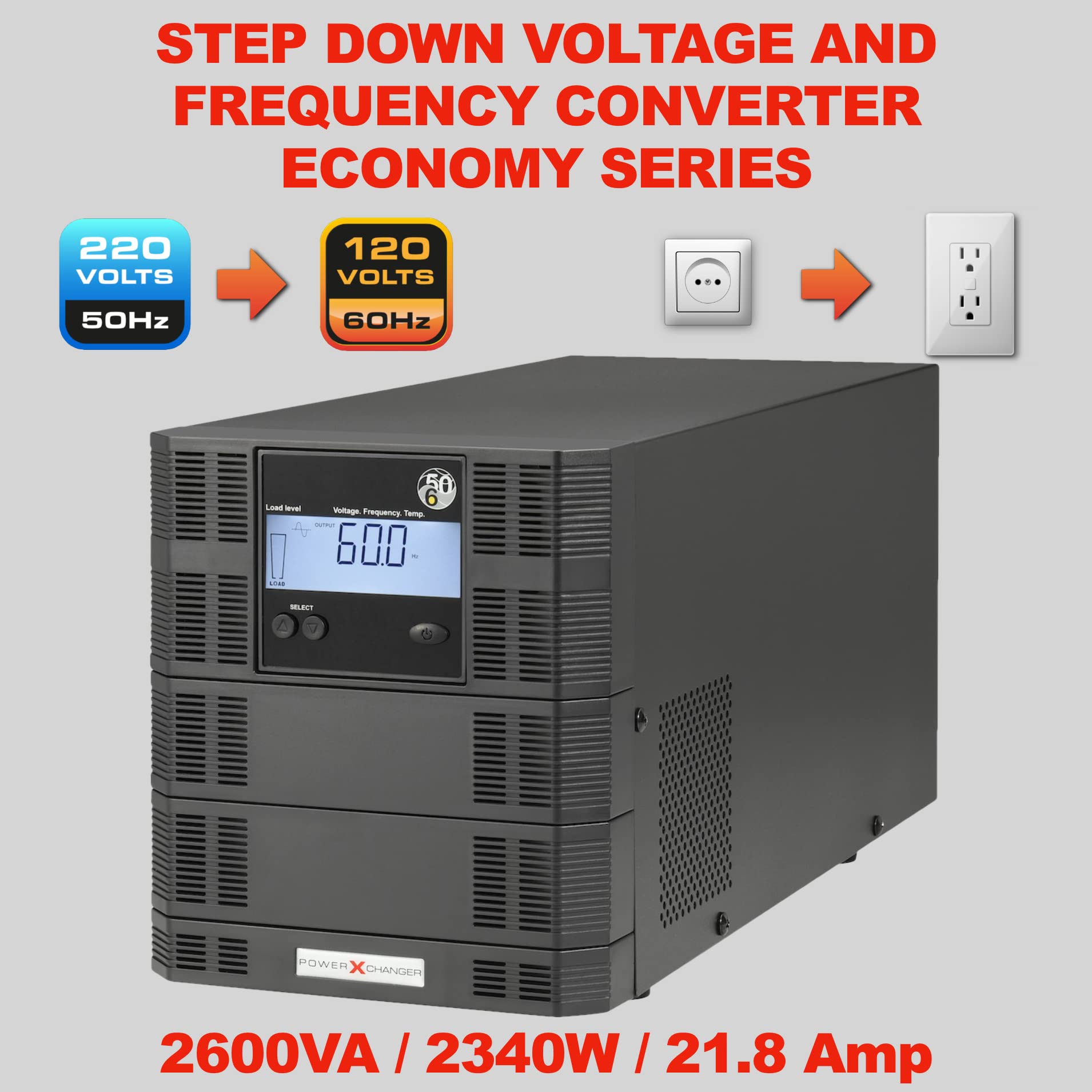 Voltage & Frequency Converter & Transformer - Step-Down 220V 50Hz to 120V 60Hz - Continuous Power, Smart Protection Features, Pure Sine Wave Output β PowerXchanger