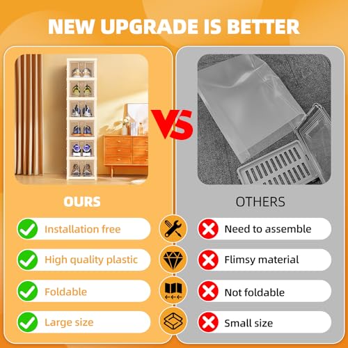 Foldable Shoe Storage Box, 6 Tier Plastic Shoe Storage Cabinet Organizer with Clear Door for Entryway, Shoe Sneaker Storage Containers Fit up to US Size 12, All-in-One