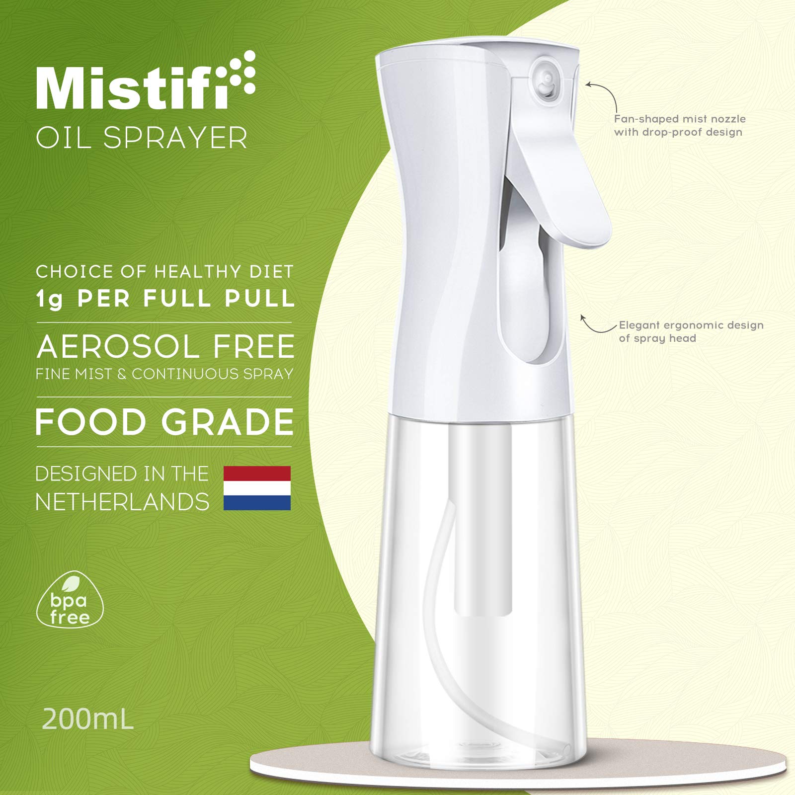 Mistifi Oliver Oil Sprayer for cooking, Spray bottle 6oz, Non-Aerosol Refillable Dispenser Oil Mister FS600 Less is More