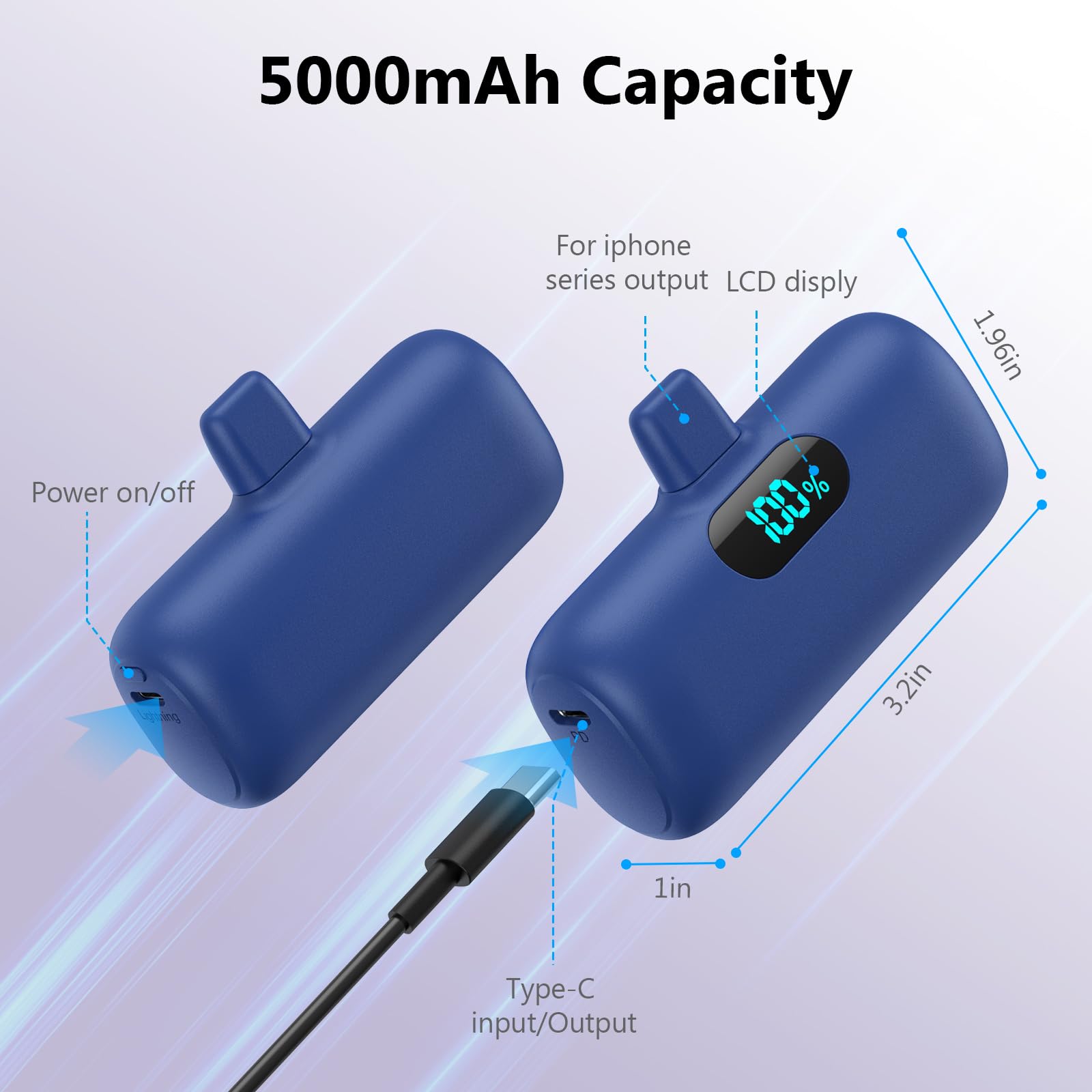 Feob Mini Portable Charger 5000mAh, Small & Ultra-Compact 15W PD Fast Charging Power Bank, LCD Display Cute Battery Pack Compatible with iPhone 14/14 Pro Max/13/13 Pro Max/12/11/XR/X/8/7/6, White