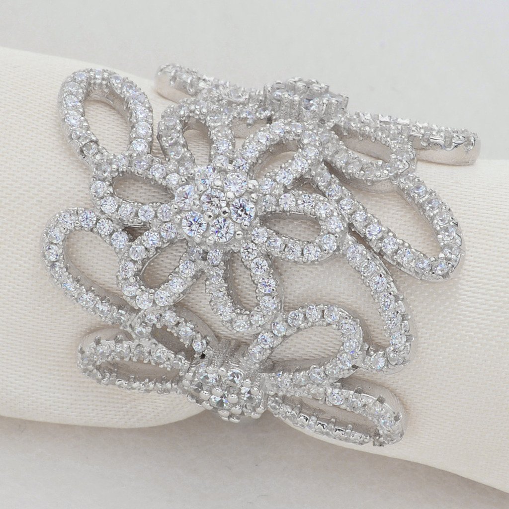 EVER FAITH Sterling Silver 925 CZ Art Deco Flower Finger Knuckle Cocktail Ring Clear - Size 7