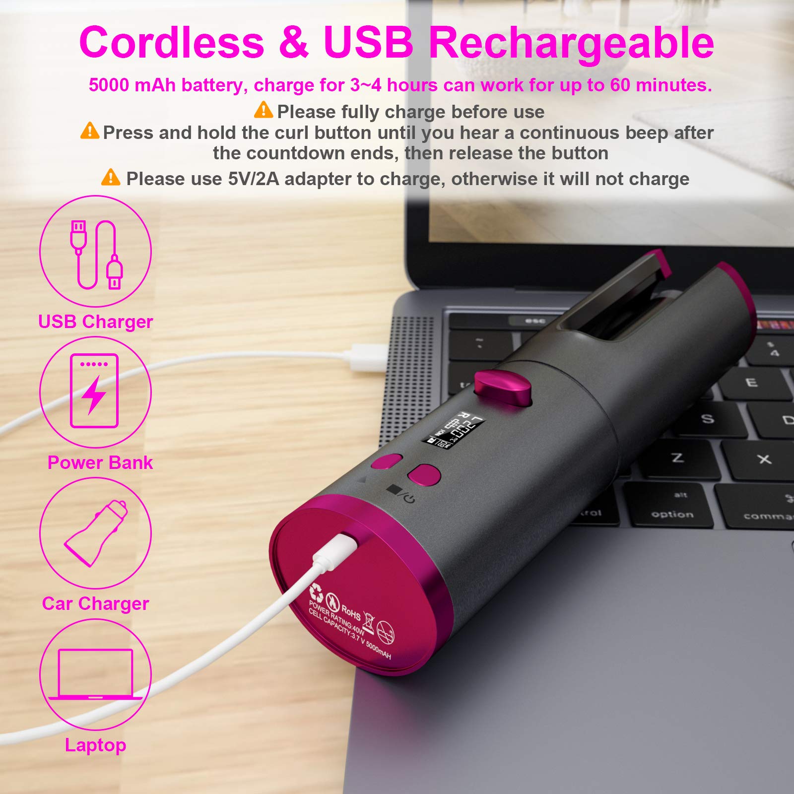 Fezax Cordless Automatic Hair Curler, Ceramic Roller Curling Iron with LCD Display Adjustable Heating Temperature and Time, Auto Rotating Barrel Curling Wand for Short&Medium&Long Hair Styling