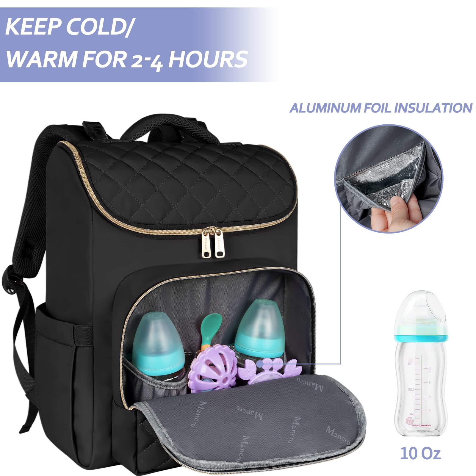 Mancro Diaper Bag Backpack, Multipurpose Travel Diaper Backpack with Stroller Strap and 2 Insulated Pockets, Waterproof Baby Backpack Diaper Bag for Mom and Dad, Black