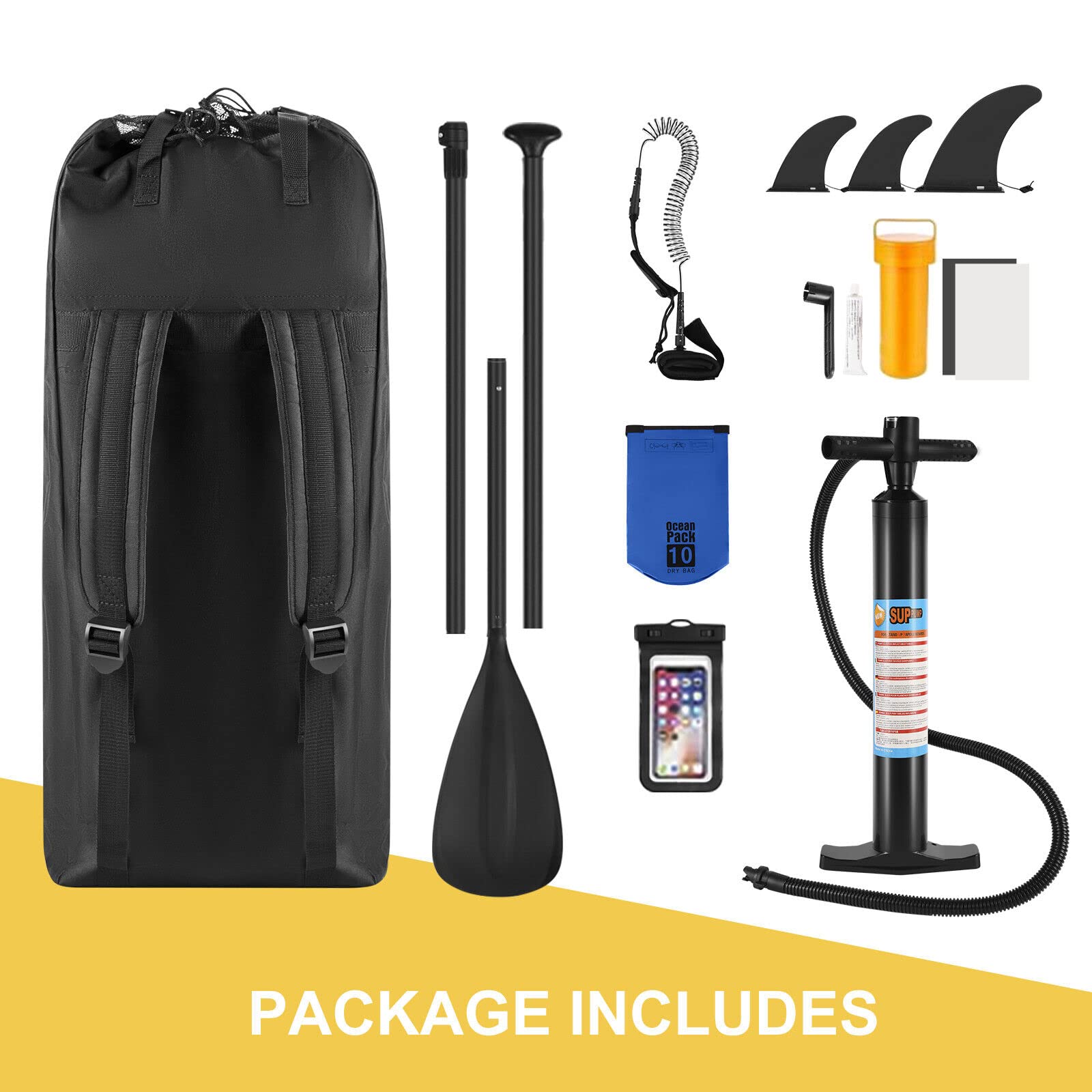 Fitnessclub 10'x32''x5'' Inflatable Stand Up Paddle Board,Yoga Board,Camera Seat, Floating Paddle with SUP Accessories, Adjustable Paddle,10L Waterproof Bag,Pump, Backpack for Youth Adult(Yellow)