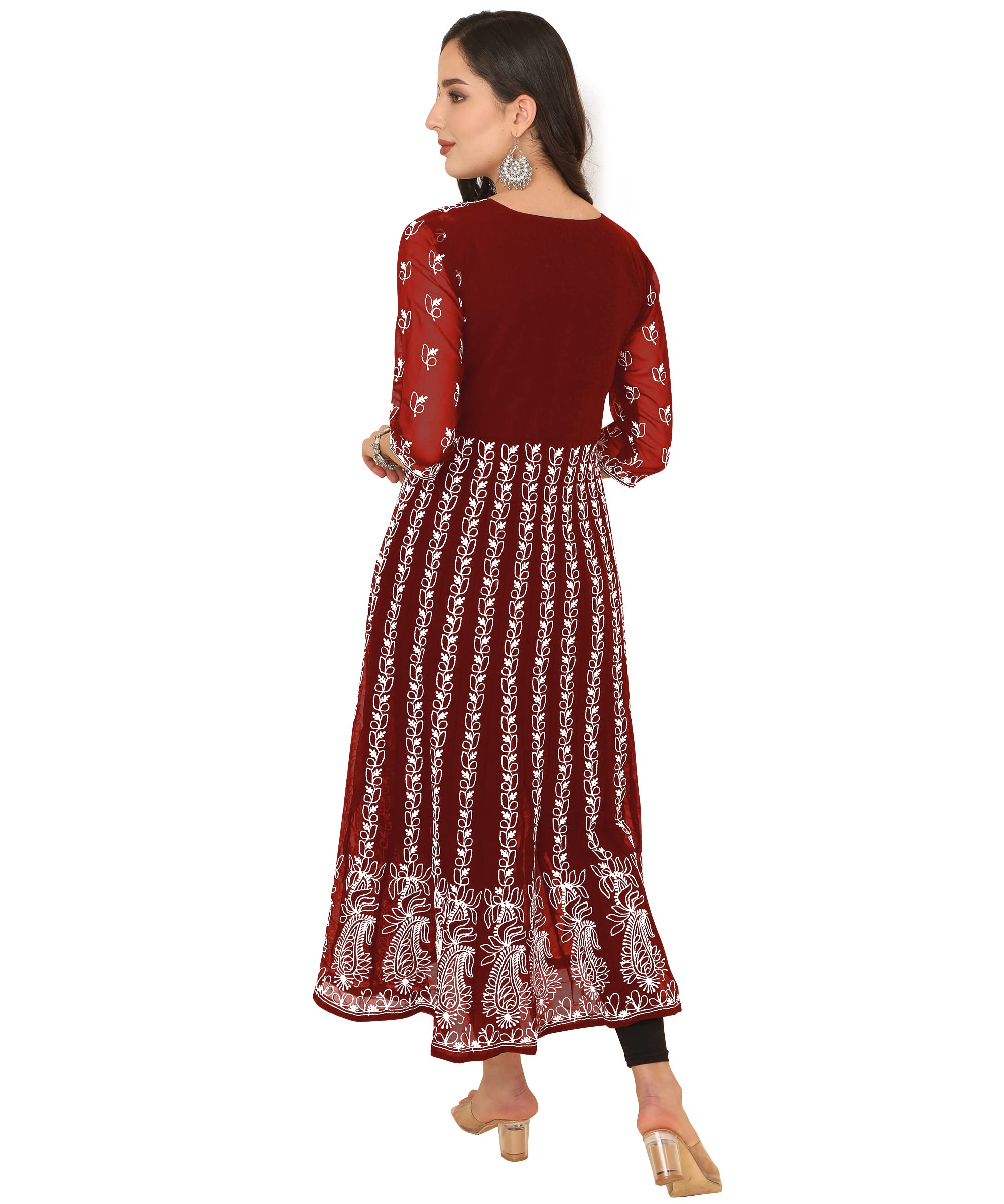 EthnicJunction Women's Georgette Chikankari Embroidery Anarkali Kurta (X Large) (Rust Orange)