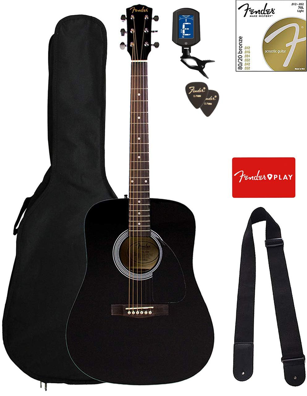 Fender FA-115 Dreadnought Acoustic Guitar - Black Bundle with Gig Bag, Tuner, Strings, Strap, Picks, and Fender Play Online Lessons