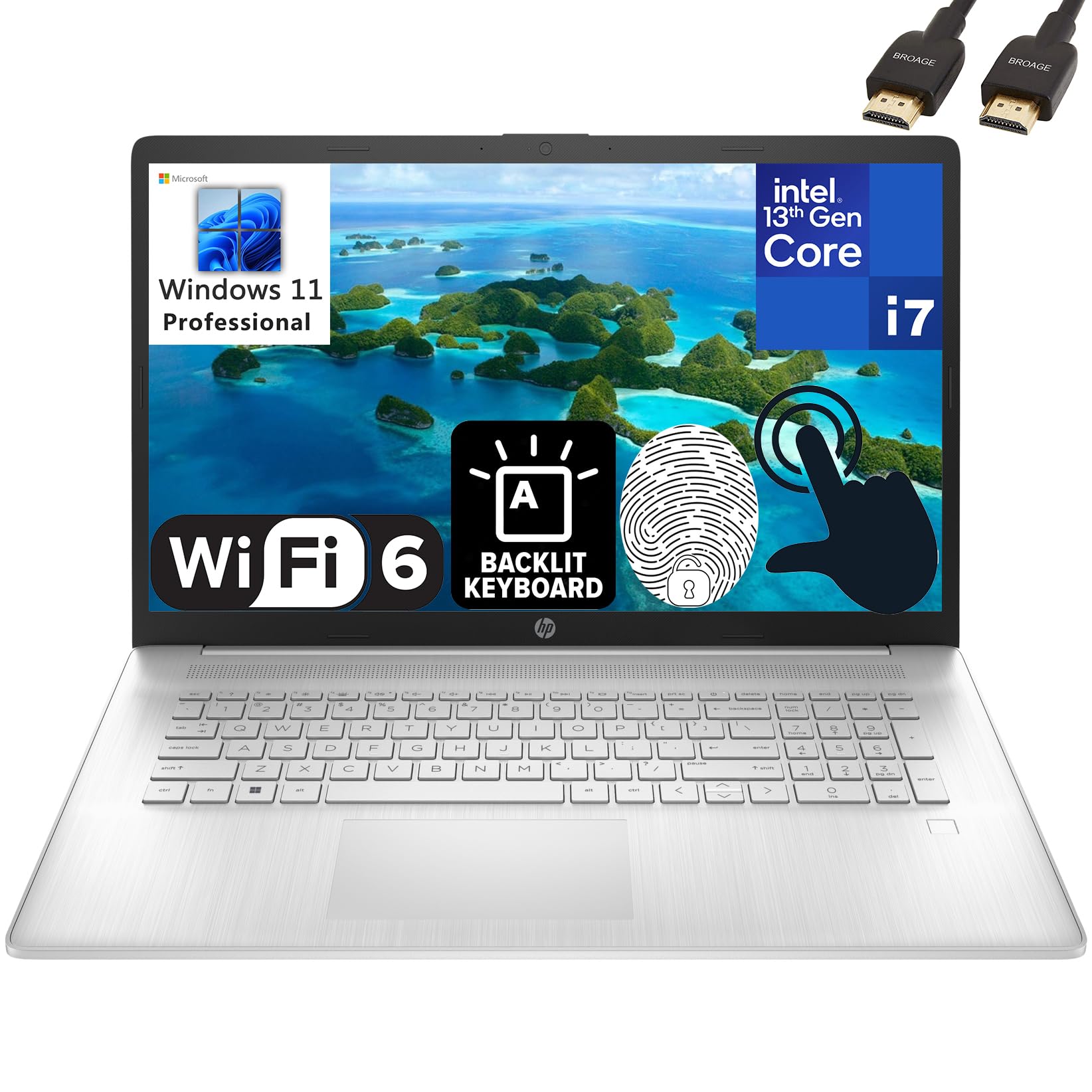 HP 2023 17 17.3" Touchscreen HD+ Business Laptop Computer, 13th Gen Intel 10-Core i7-1355U, 32GB DDR4 RAM, 1TB PCIe SSD, WiFi 6, Backlit Keyboard, Fingerprint Reader, Windows 11 Pro, BROAG HDMI Cable