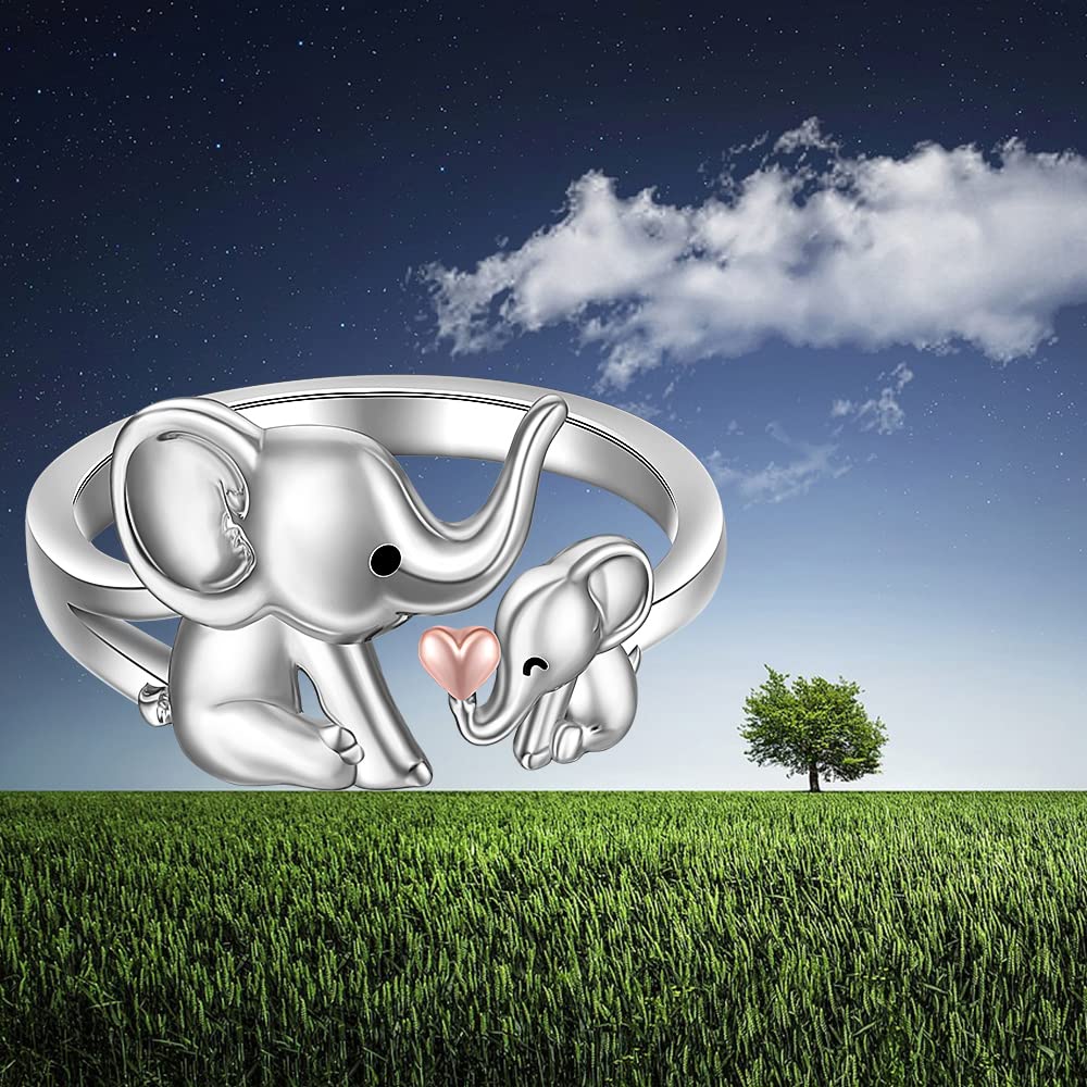 Fenthring Sterling Silver Elephant Ring Mama Elephant Rings Rose Gold Plated Heart Family 2 Elephants Gift Size 9