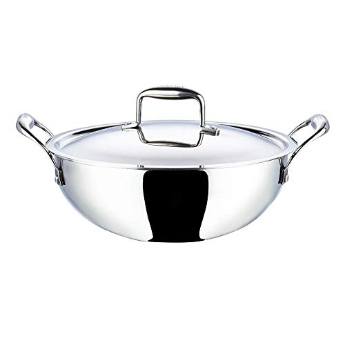 Vinod Platinum Kadai Triply Stainless Steel | Suitable For Indian Cooking, Sauces, Stews, Soups | Deep/Extra Deep Kadai With Lid | Induction, Electric Friendly (Extra Deep Kadai, 24cm)