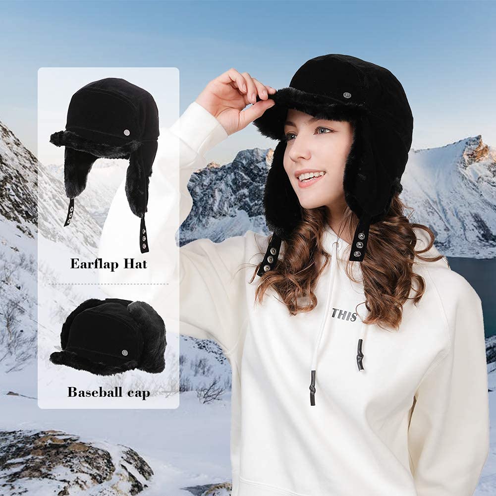 Fancet Womens Winter Fitted Faux Fur Corduroy Earflap Dad Elmer Fudd Hat Baseball Cap Brown