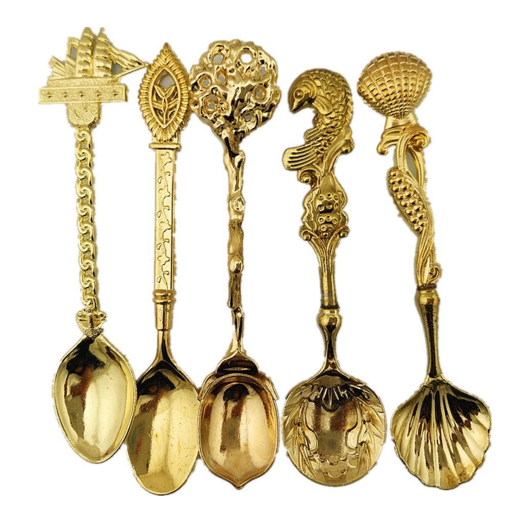 Vintage Demitasse Spoon Metal Carved Coffee Spoons Set of 5 (Color Gold)