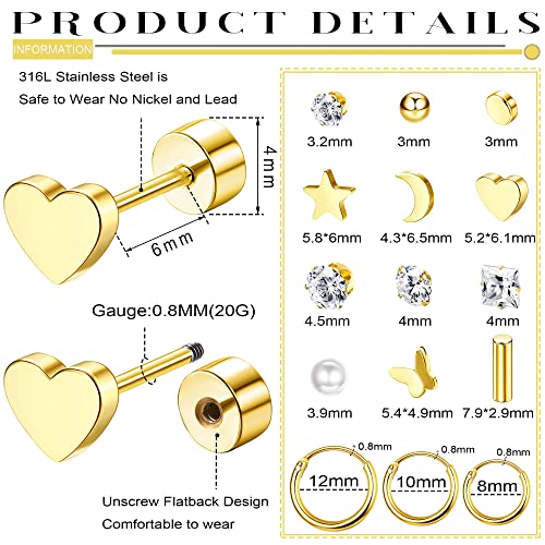 Florideco Small Tiny Stud Earrings for Women Men Hypoallergenic Flat Back Earrings 14K Gold Plated Surgical Stainless Steel Earrings Sets Screw Back Cartilage Earrings