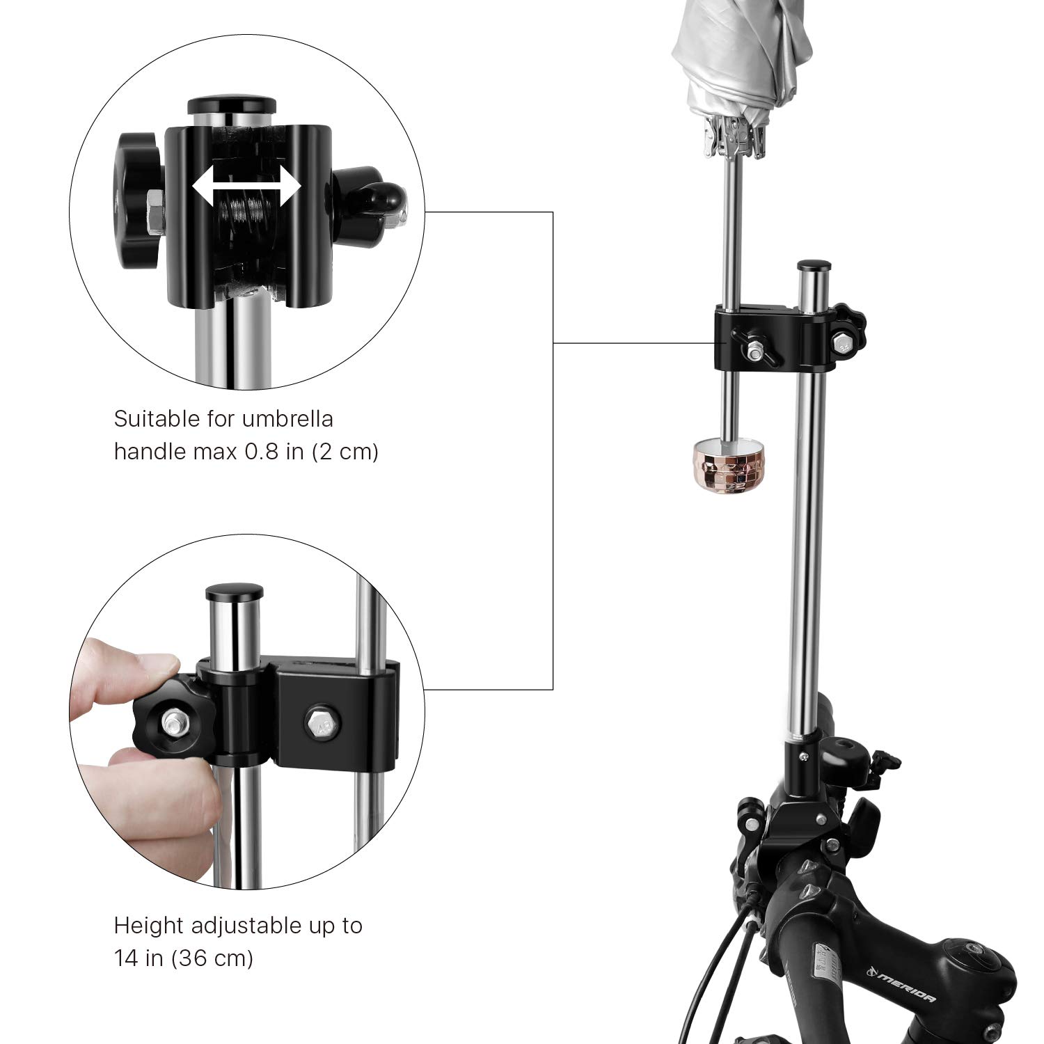 Flexzion Bicycle Umbrella Clamp Holder Mount Stand Handlebar Wheelchair Umbrella Universal Clamp Connector Frame Stroller Umbrella Attachment Quick Mount Dismount Adjustable Durable Length Tube Handle