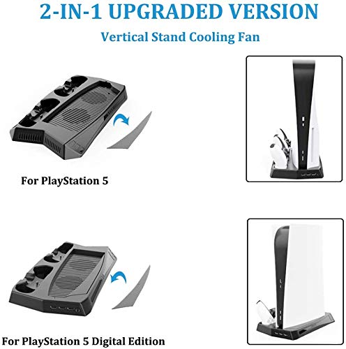 For PS5 DE/UHD Vertical Stand,Including 2 DualSense Controller Charging Dock and Stand with Cooling Fan Compatible,3 USB .Playstation 5 Charging Station Dock with Dual Controller Charger Ports.