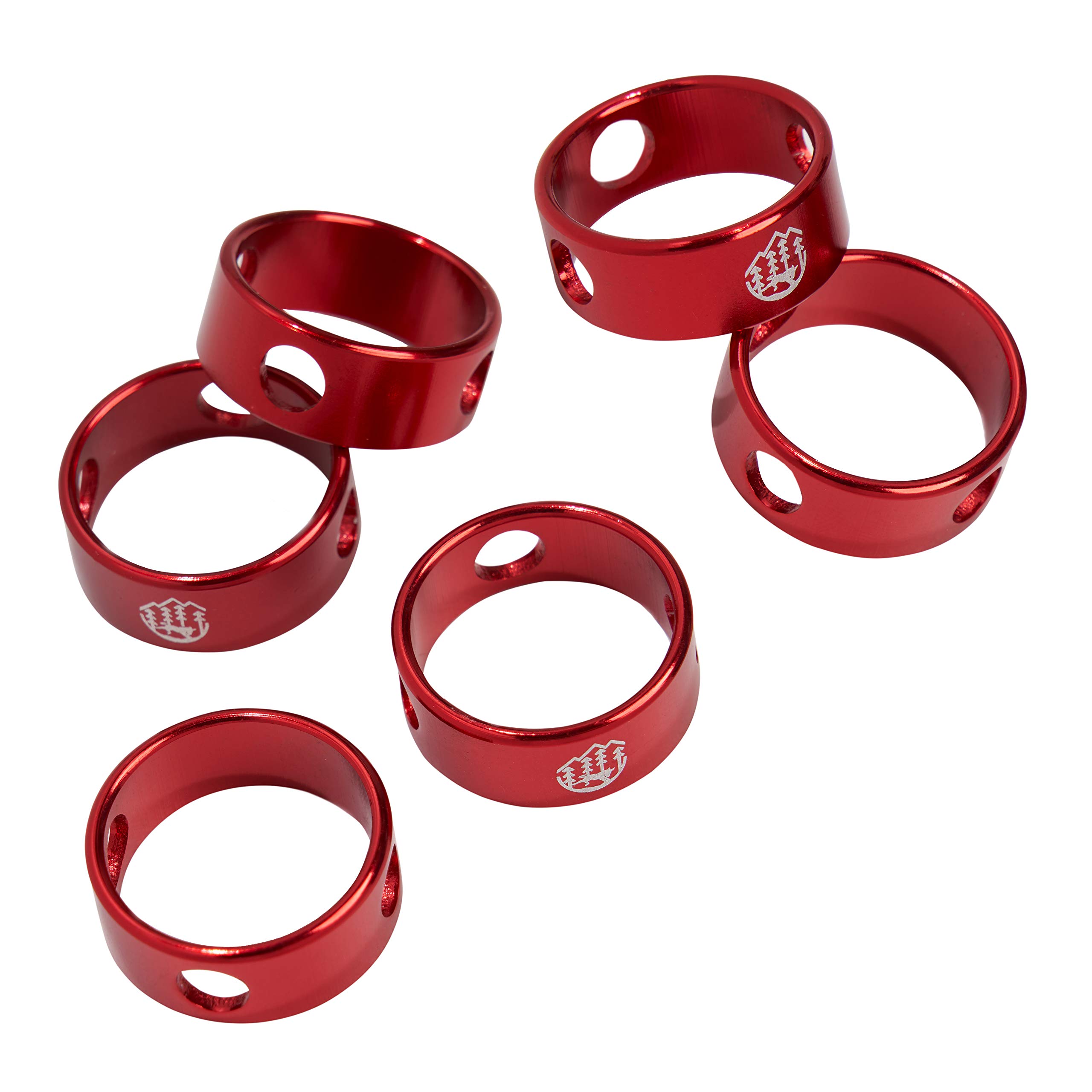 FlyRing Guyline Cord, Rope & Paracord Tensioner Adjuster for Hiking, Camping, Backpacking (Aluminum, Red, 6-Pack)