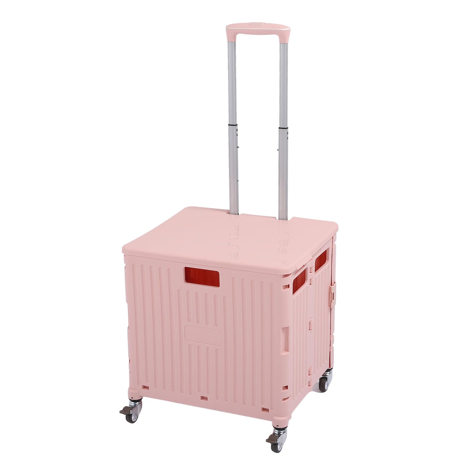 Foldable Utility Cart, Large Capacity Collapsible Rolling Box Telescopic Handle with Lid for Office (Pink)