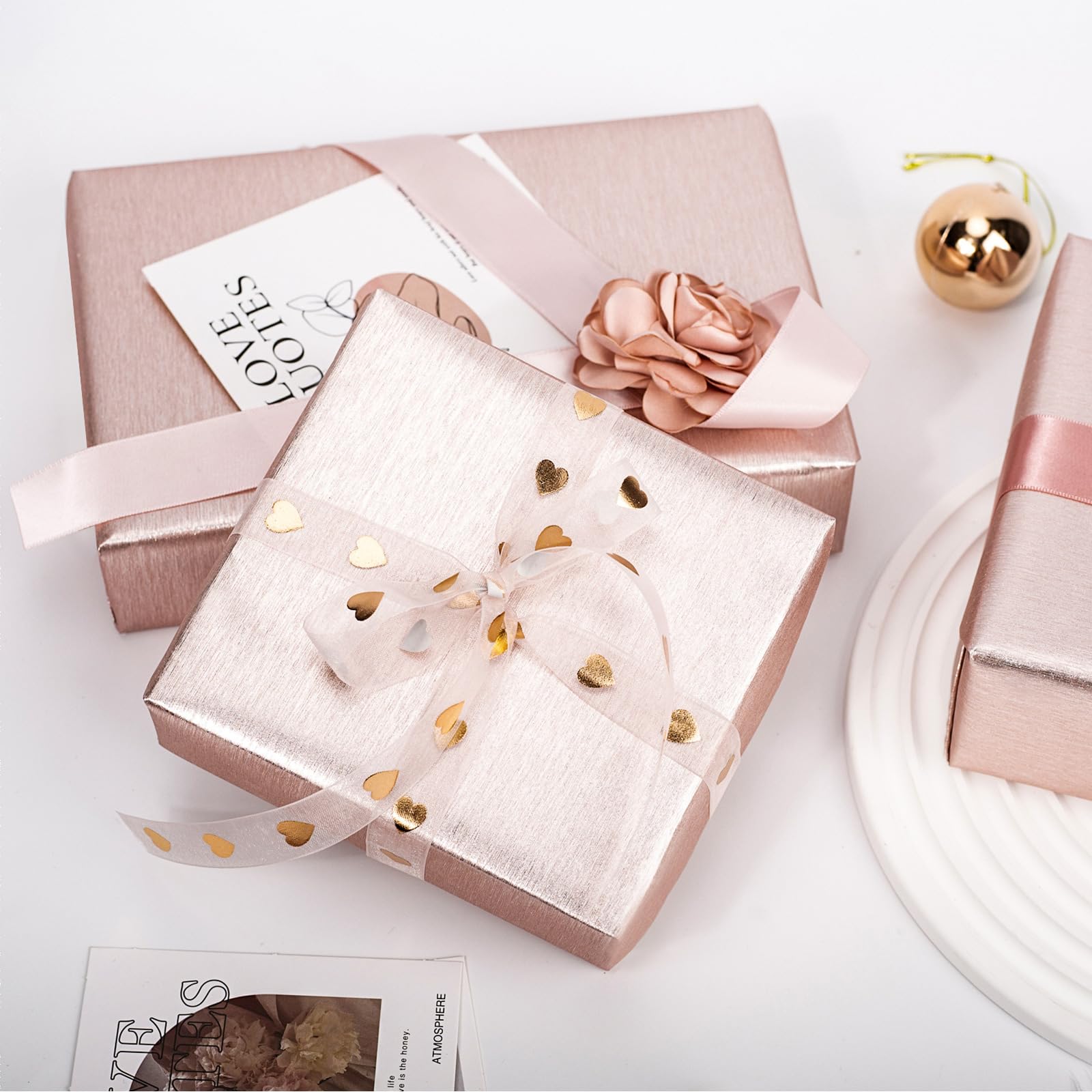 Flyhill Mini Wrapping Paper Roll-17inch X 198inch(23.4sqft -Solid Color with Rose Gold Brush Metallic Shine for Christmas,Birthday,Wedding,Baby Shower,Valentine's Day