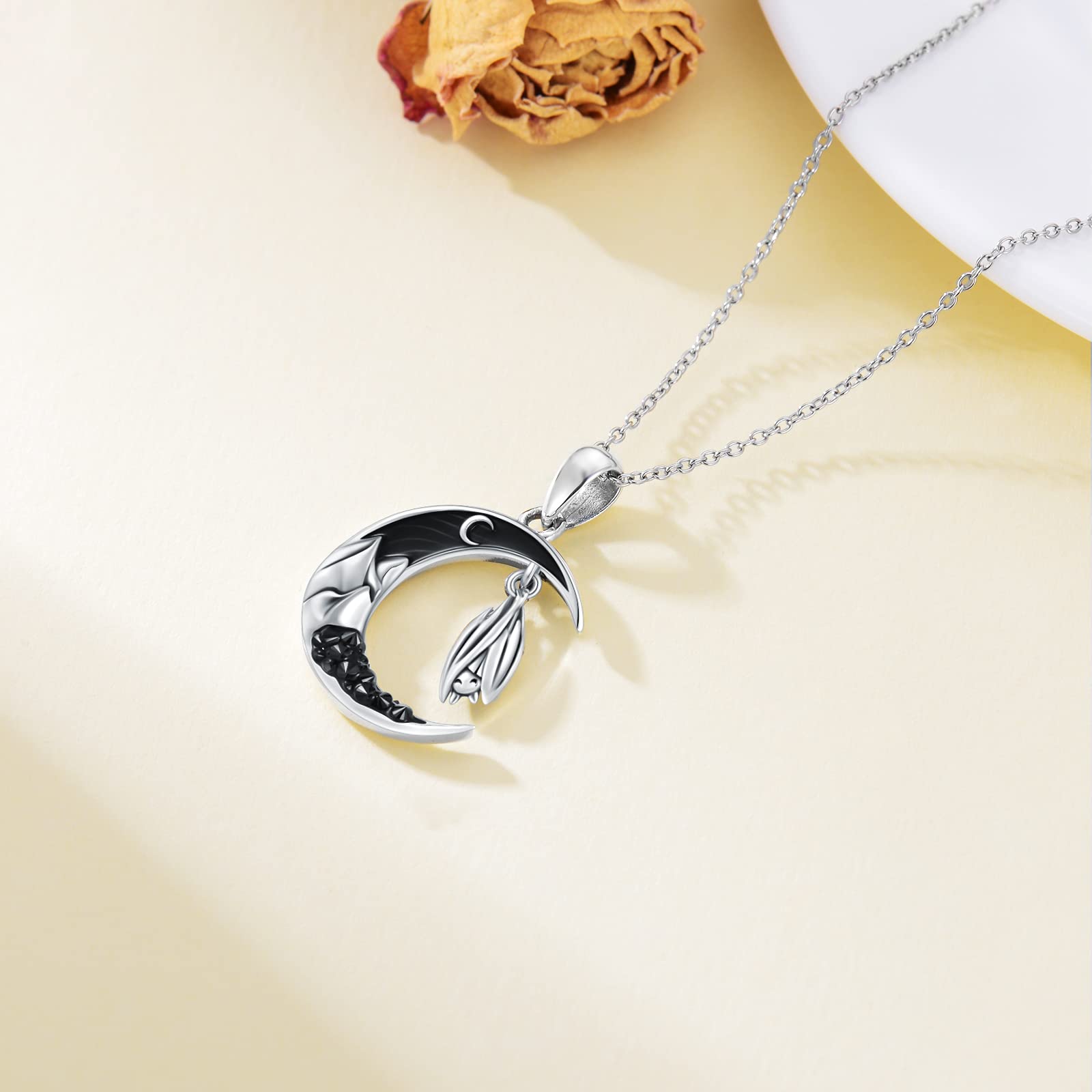 Flpruy Bat Crescent Moon Necklace 925 Sterling Silver Gothic Pendant Black CZ Mountain Necklace Jewelry for Women