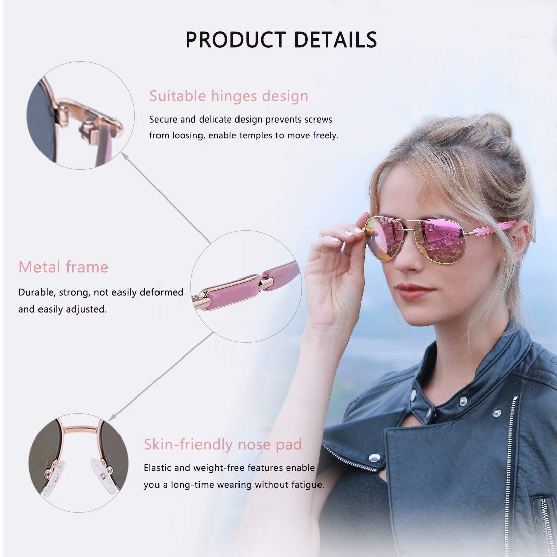 FONHCOO Polarized Sunglasses for Women Men, Oversized Aviator Sunglasses Metal Frame UV400 Protection(Pink)