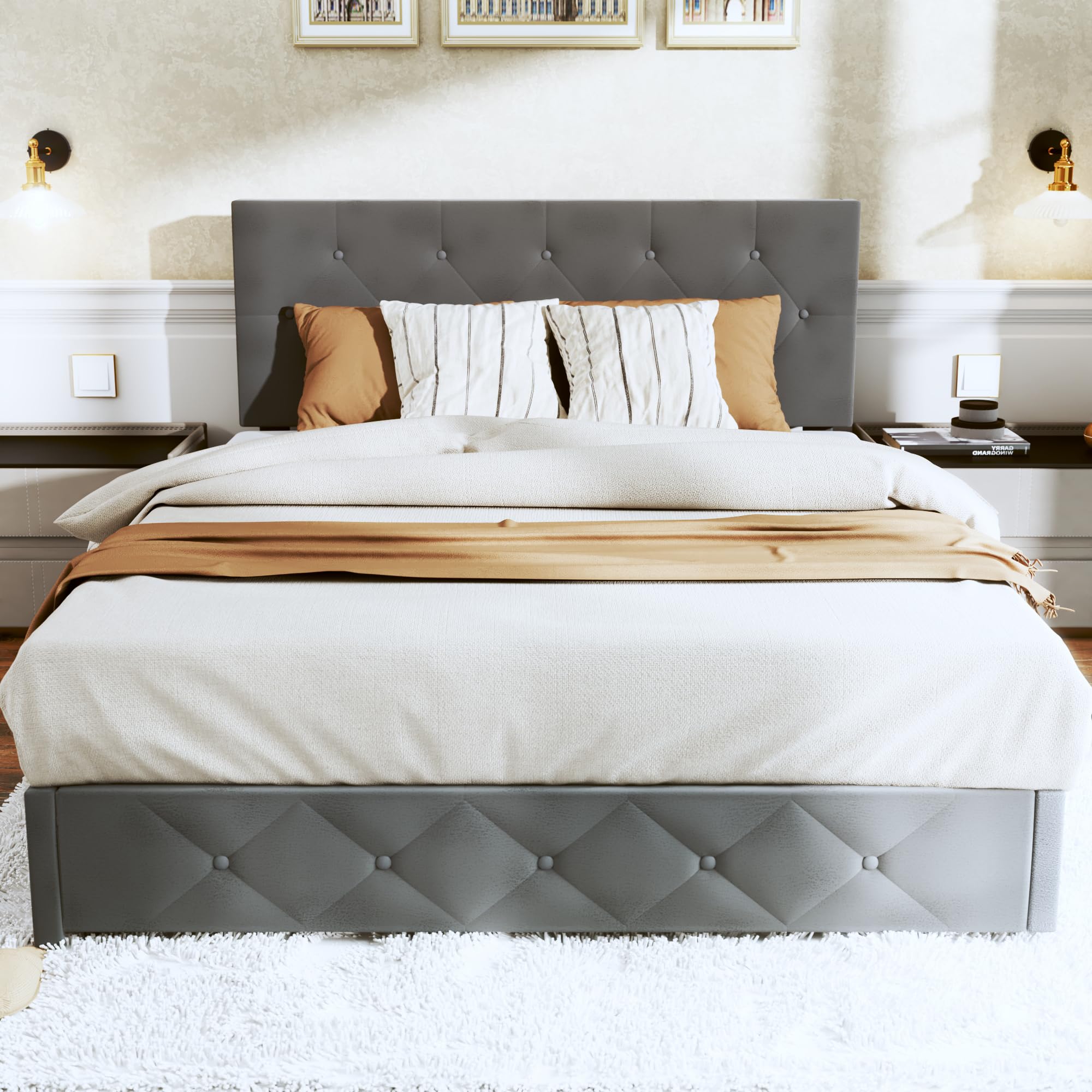 Fluest Queen Bed Frame with Headboard Storage Drawers of 4 Upholstered Bed Frame Platform Adjustable Headboard Wooden Slats Support/No Box Spring Needed/Easy Assembly/Mattress Foundation,Speckled Grey