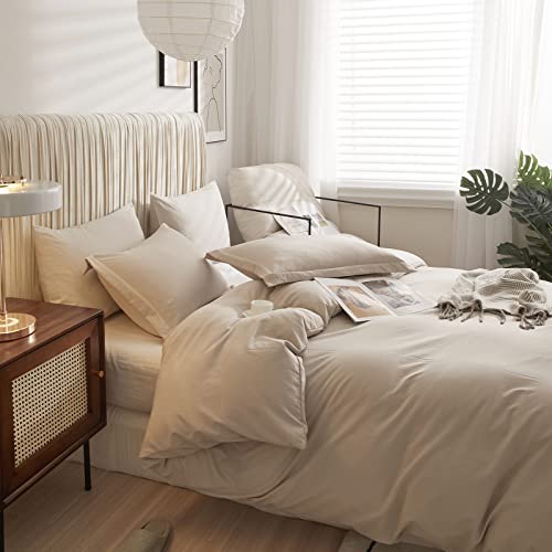 VClife Duvet Cover Washed Microfiber Cream Beige Tan Khaki Quilt Cover Sets Queen Size 3 Pieces Tan Solid Color Bedding Sets (1 Queen Beige Duvet Cover and 2 Pillow Shams)