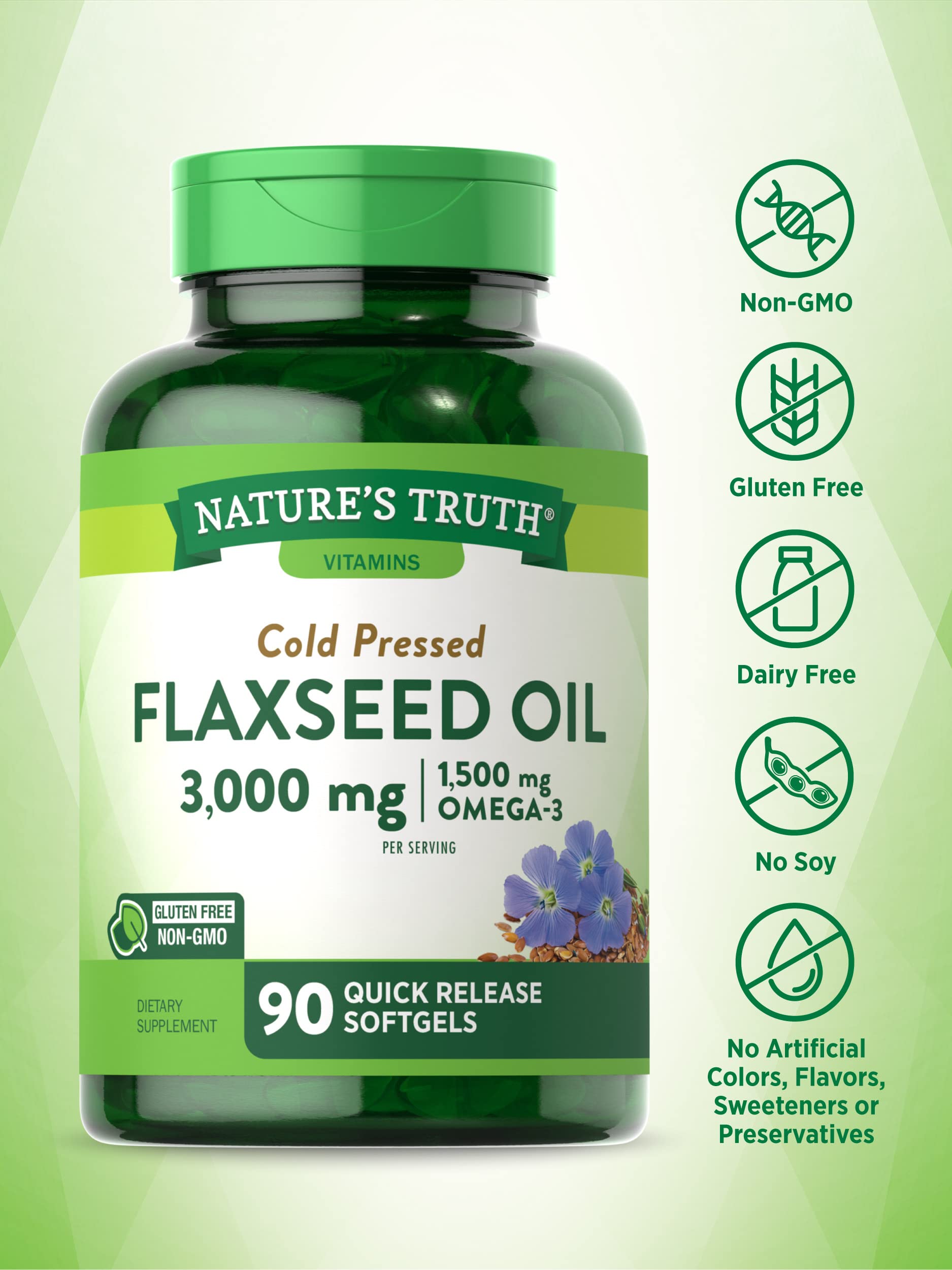 Flaxseed Oil Softgels | 90 Count | Cold Pressed, Non-GMO & Gluten Free Supplement | by Nature's Truth
