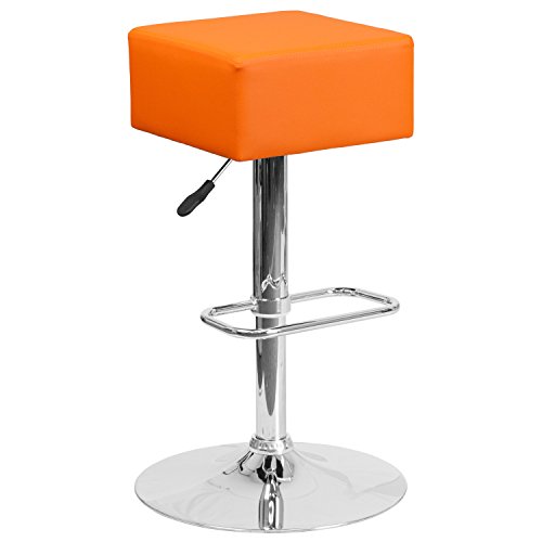 Flash Furniture Contemporary Orange Vinyl Adjustable Height Barstool with Square Seat and Chrome Base