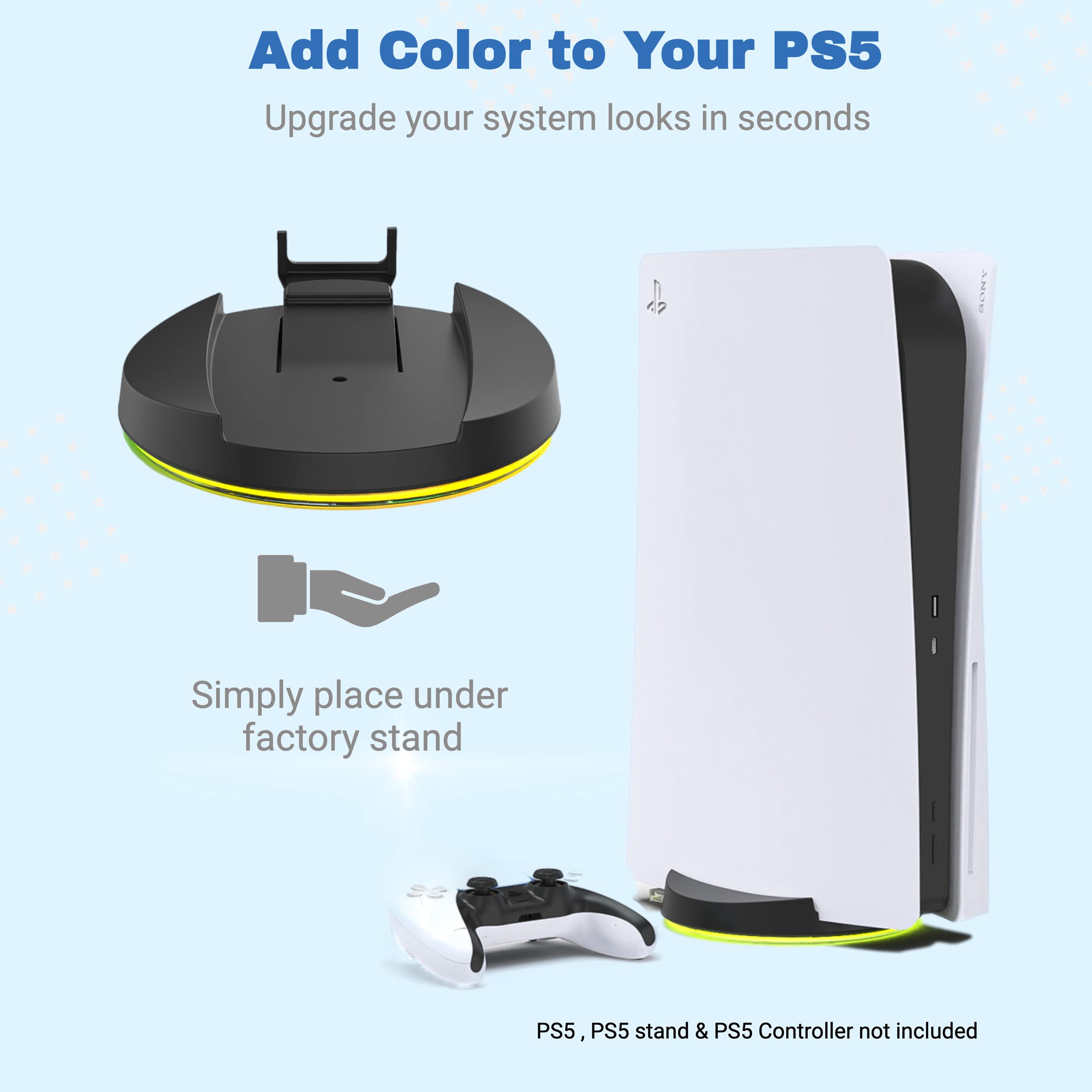 Gamers Digital RGB LED Base for PS5 Vertical Stand, 4-Color Modes, Sturdy Slim Design, Tool-Free Install with Remote
