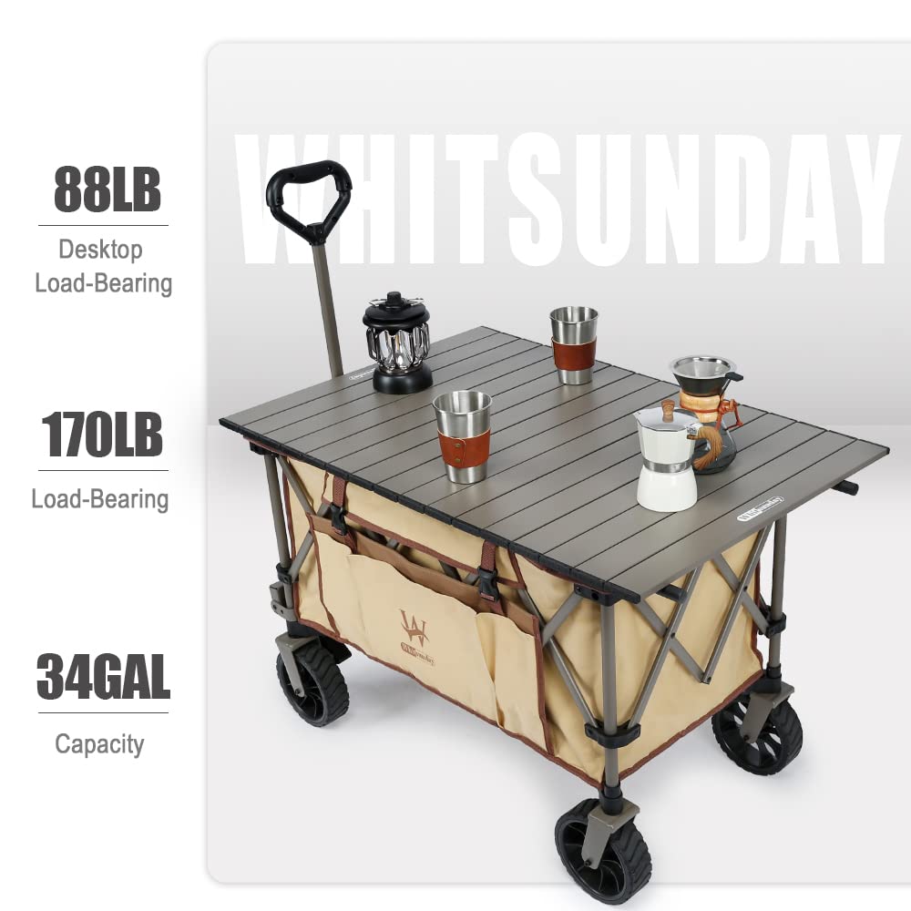 Folding Collapsible Wagon +Folding Stools*2, Utility Camping Park Wagon Cart with Aluminum Table Plate, Utility Camping Park Wagon Cart with Aluminum Table Plate